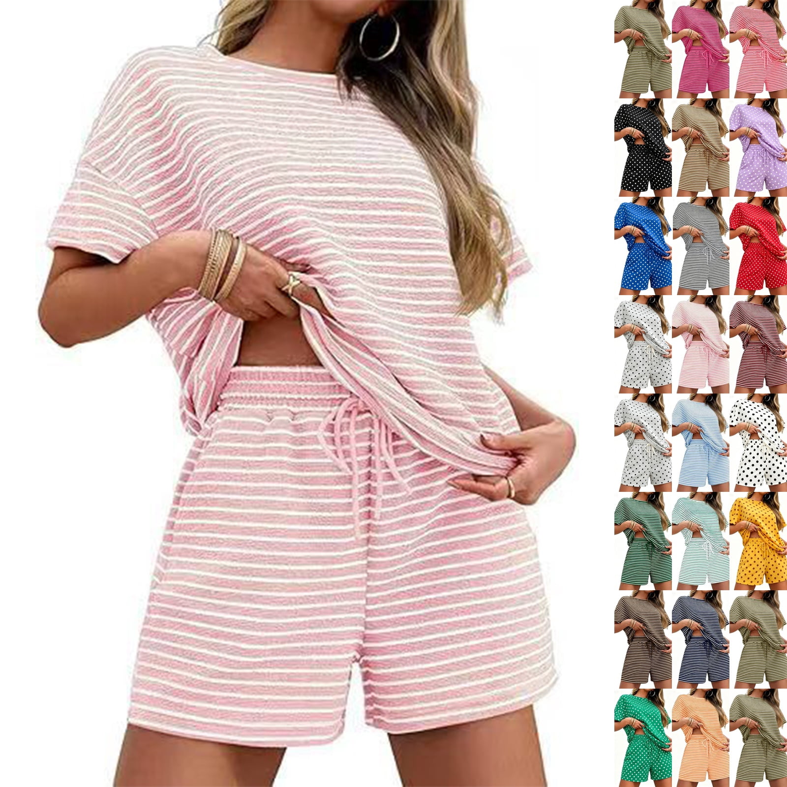 2 Piece Short Sets for Women Summer Striped Lounge Set Breathable Crew ...