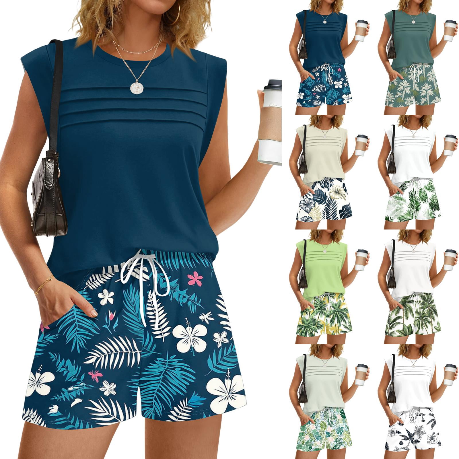2 Piece Short Sets for Women Summer Vacation Outfits Cap Sleeve Tops ...