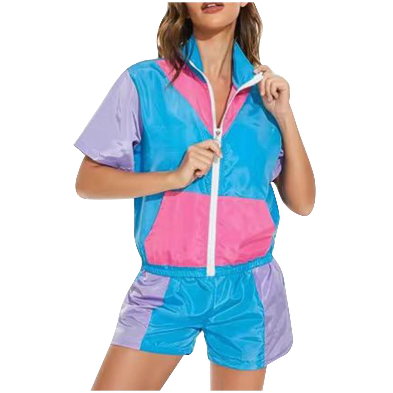 2 Piece Shorts Set for Women and Men Zip up Color Block Retro Disco ...