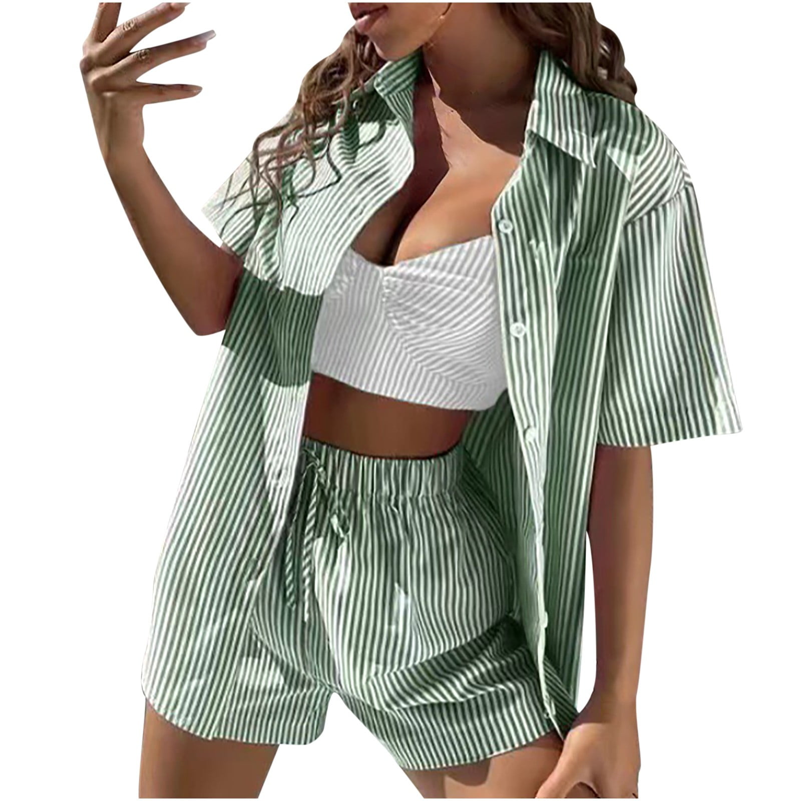 2 Piece Shorts Sets for Women Fashion Summer Short Sleeve Button Up Shirt and Elastic Waist ...