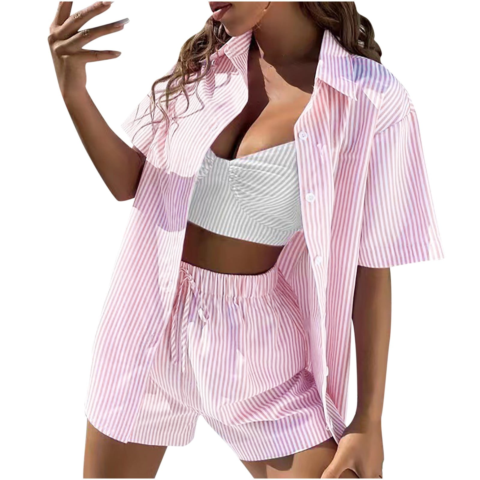 2 Piece Shorts Sets for Women Fashion Summer Short Sleeve Button Up Shirt and Elastic Waist ...