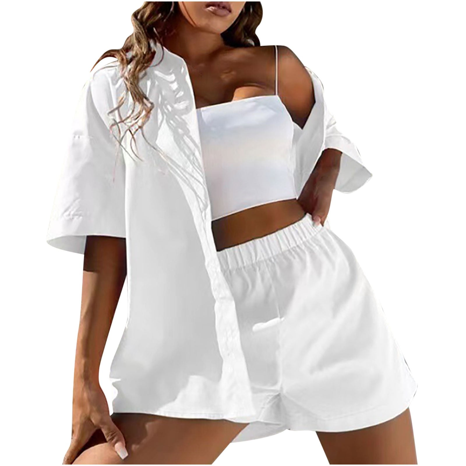 2 Piece Shorts Sets for Women Fashion Summer Short Sleeve Button Up Shirt and Elastic Waist ...