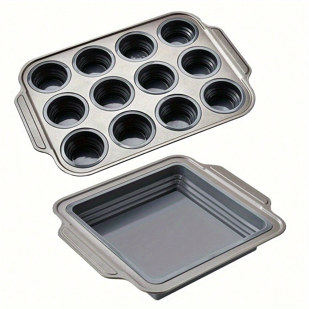 2-Piece Silicone Muffin Pan, Metal Frame, Collapsible Silicone Cake ...