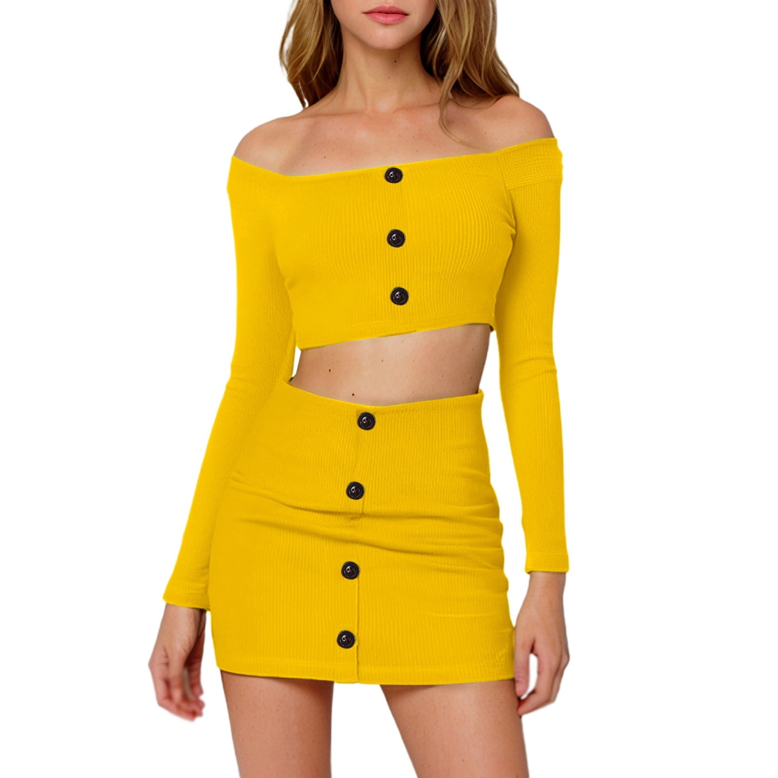 2 Piece Skirt Set Long Sleeve Solid Buttoned One Shoulder Crop Top Skirt Suit Womens Summer ...