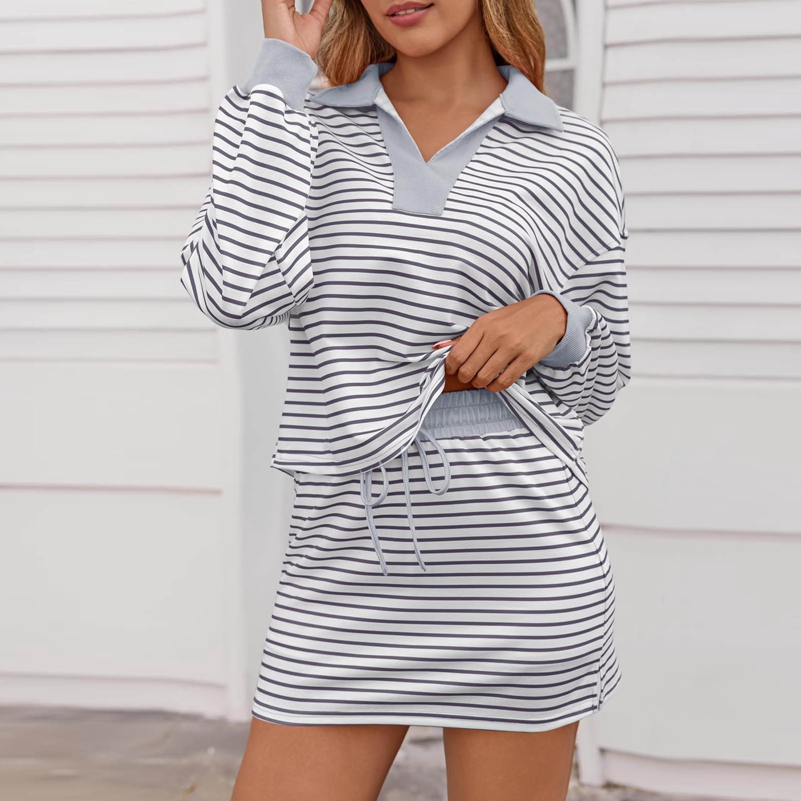 2 Piece Skirt Sets Womens Striped Baggy Lapel Pullover Sweatshirt Top ...