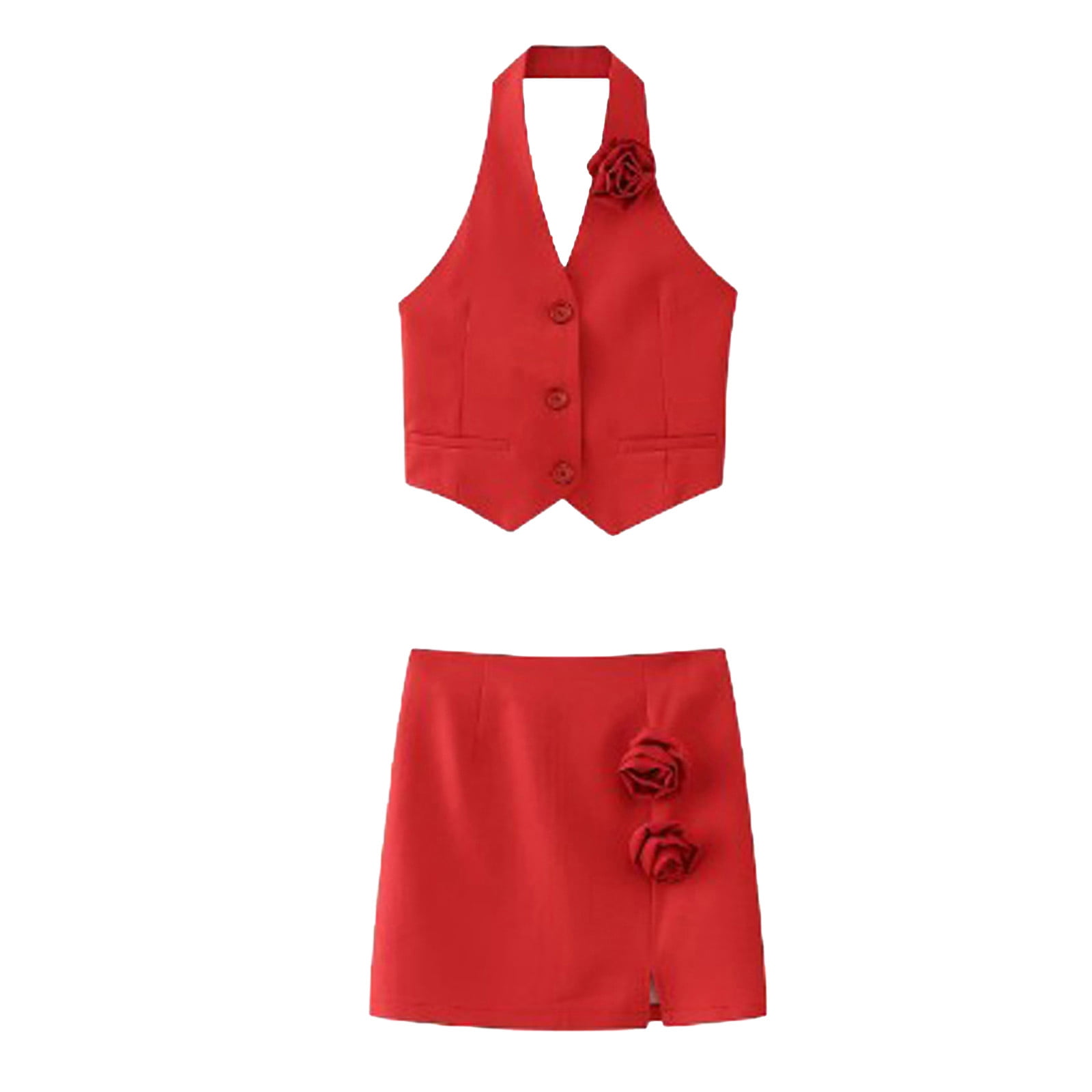2 Piece Skirt Suits Women Sexy Fashion Sets With Flower Halter Open Back Tank Tops And Zipper