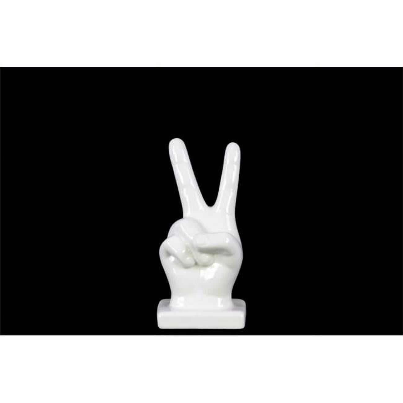 2 Piece Small Gloss White Ceramic Peace Hand Sign Decor on Base, 4.00 x ...
