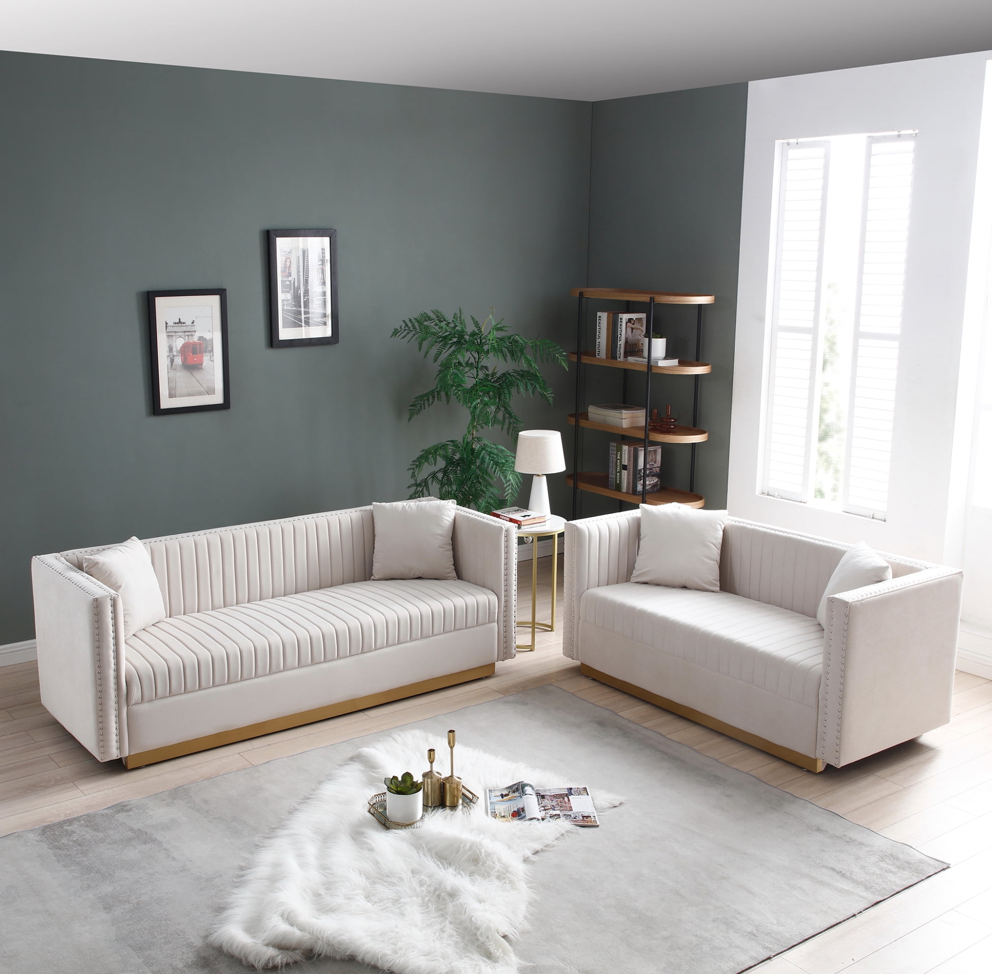 2 Piece Sofa Set with 4 Pillows, Modern Tufted Velvet Upholstered ...