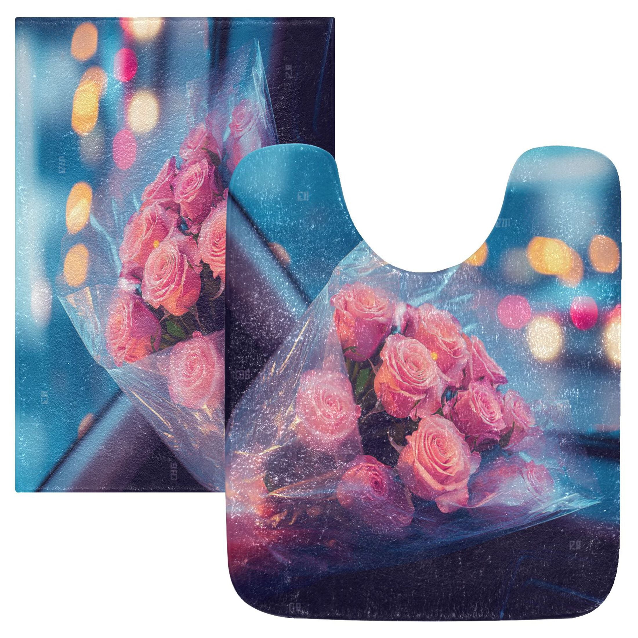 2 Piece Soft Bathroom Rug Set A Bouquet Of Pink Roses Bath Mat and U ...