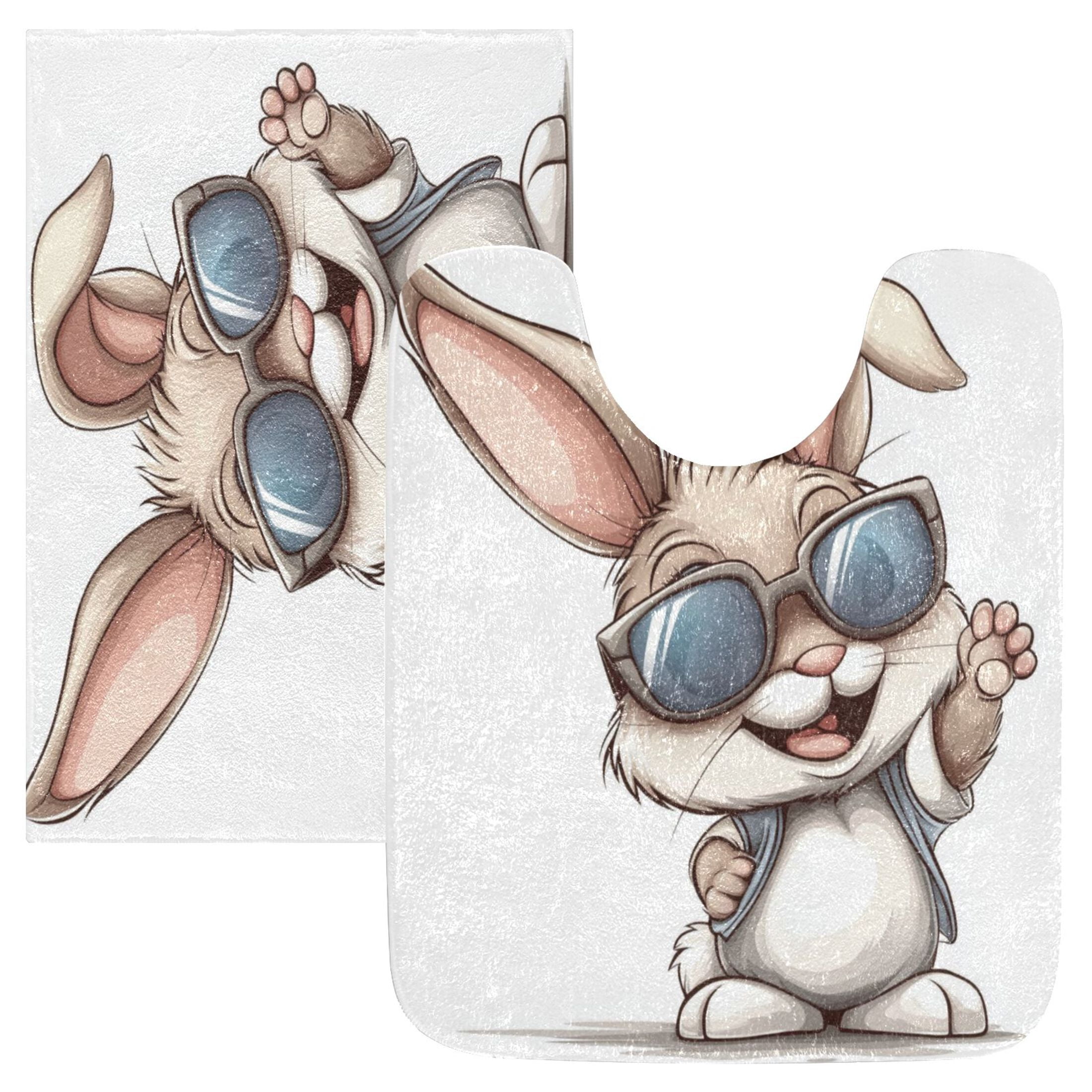 2 Piece Soft Bathroom Rug Set A Cute Bunny Bath Mat and U-Shaped Toilet ...