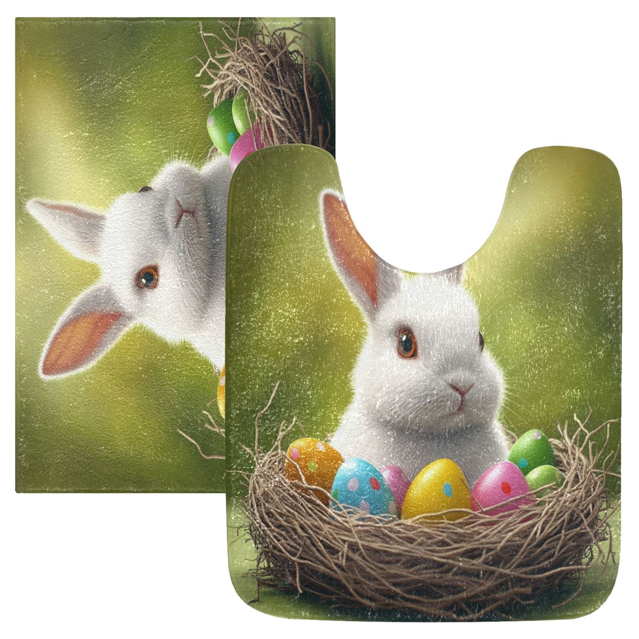 2 Piece Soft Bathroom Rug Set A Cute White Rabbit Bath Mat and U-Shaped ...