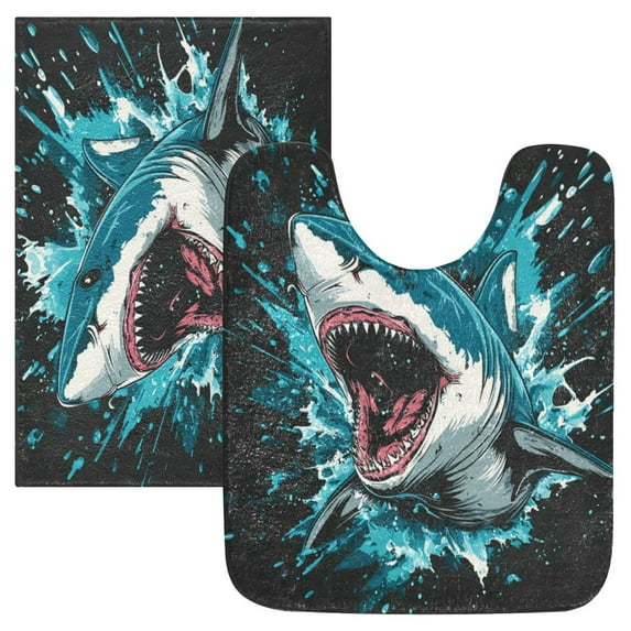 2 Piece Soft Bathroom Rug Set Aggressive Blue Shark Bath Mat and U ...
