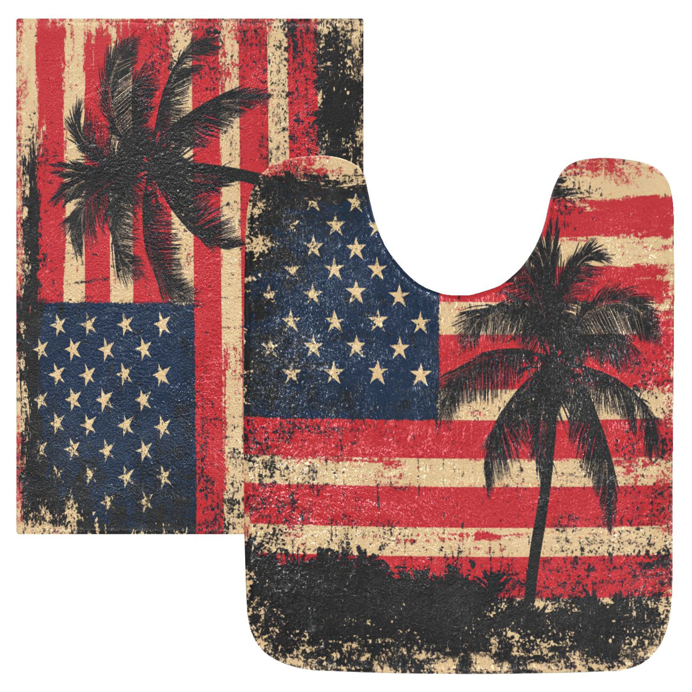 2 Piece Soft Bathroom Rug Set American Flag with Palm Trees Bath Mat ...