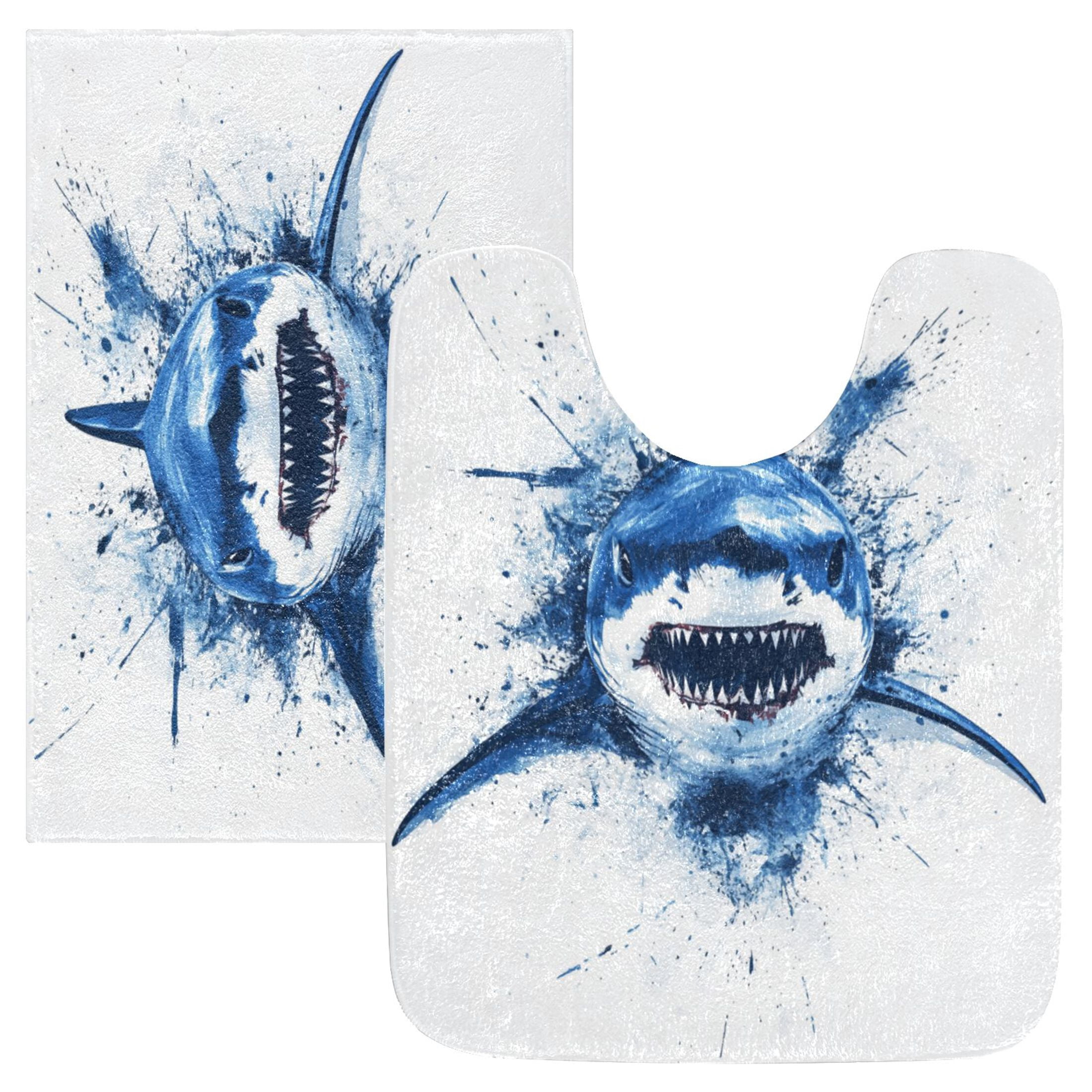 2 Piece Soft Bathroom Rug Set An Blue Angry Shark Bath Mat and U-Shaped ...
