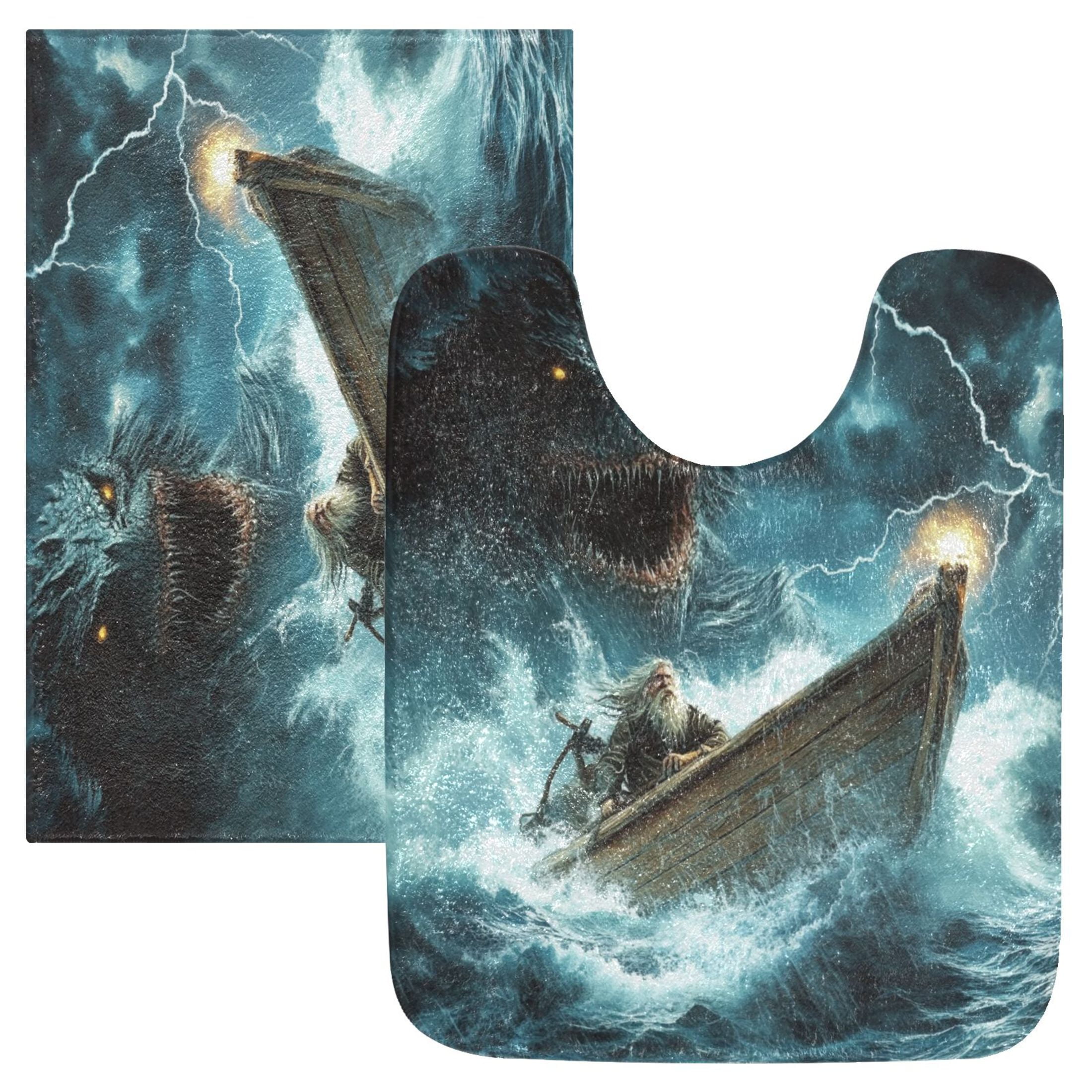 2 Piece Soft Bathroom Rug Set Angry Sea Monster Bath Mat and U-Shaped ...