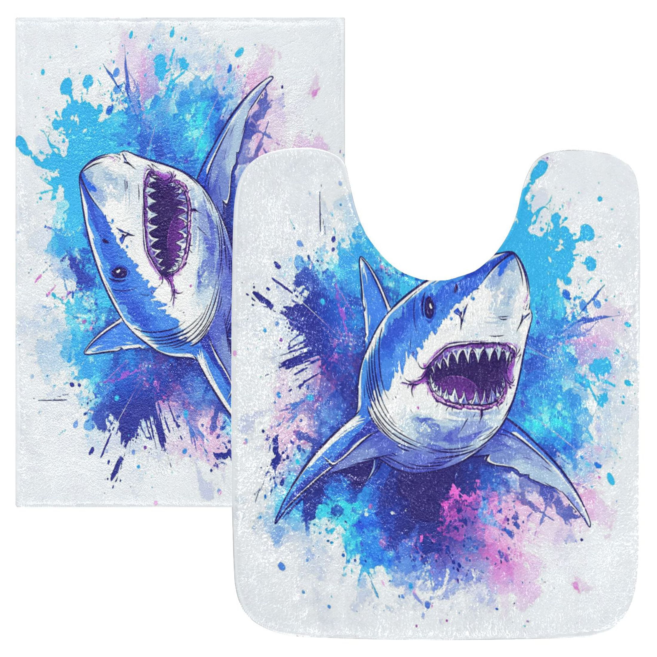 2 Piece Soft Bathroom Rug Set Angry Shark Bath Mat and U-Shaped Toilet ...