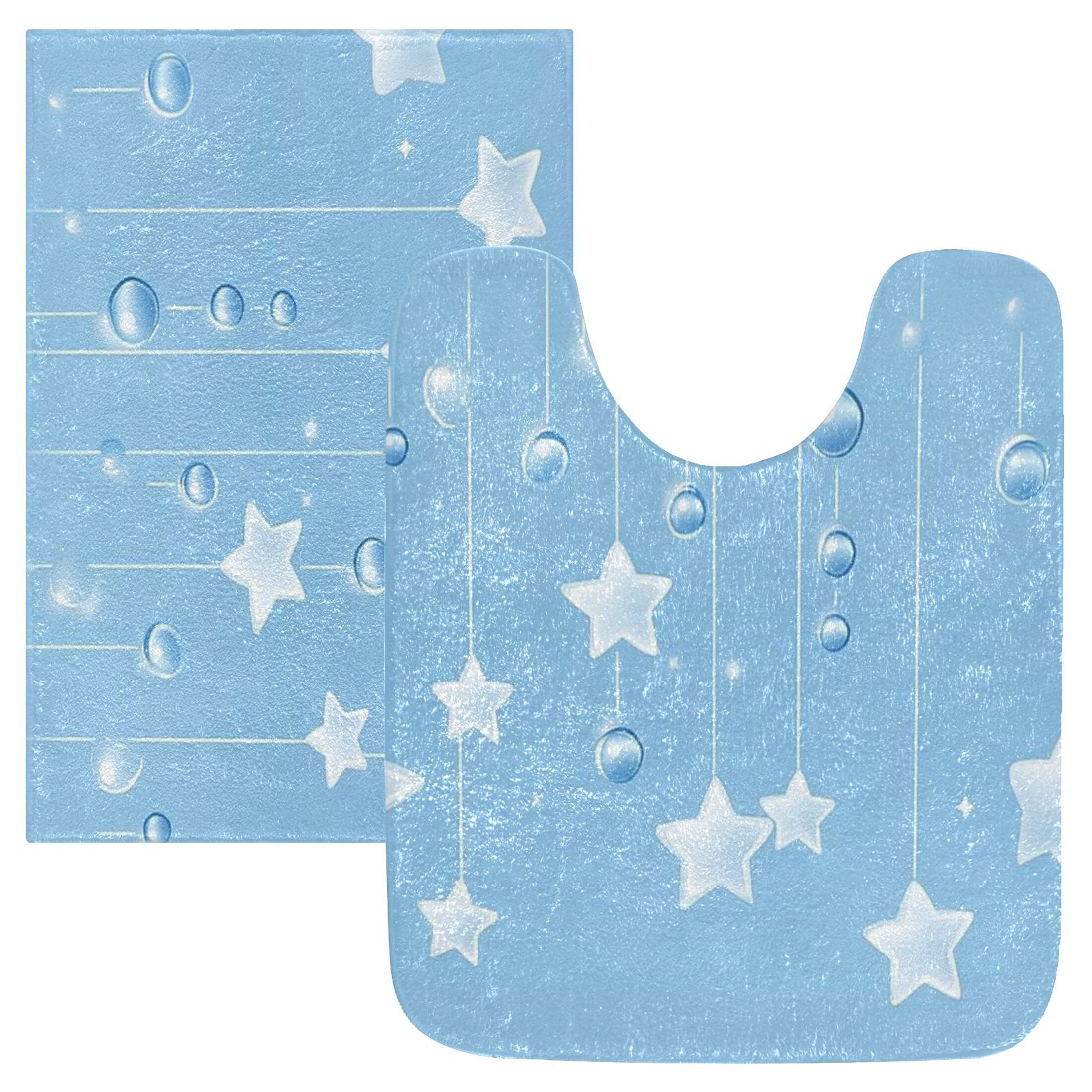 2 Piece Soft Bathroom Rug Set Blue Hanging Stars and Bubbles Bath Mat ...