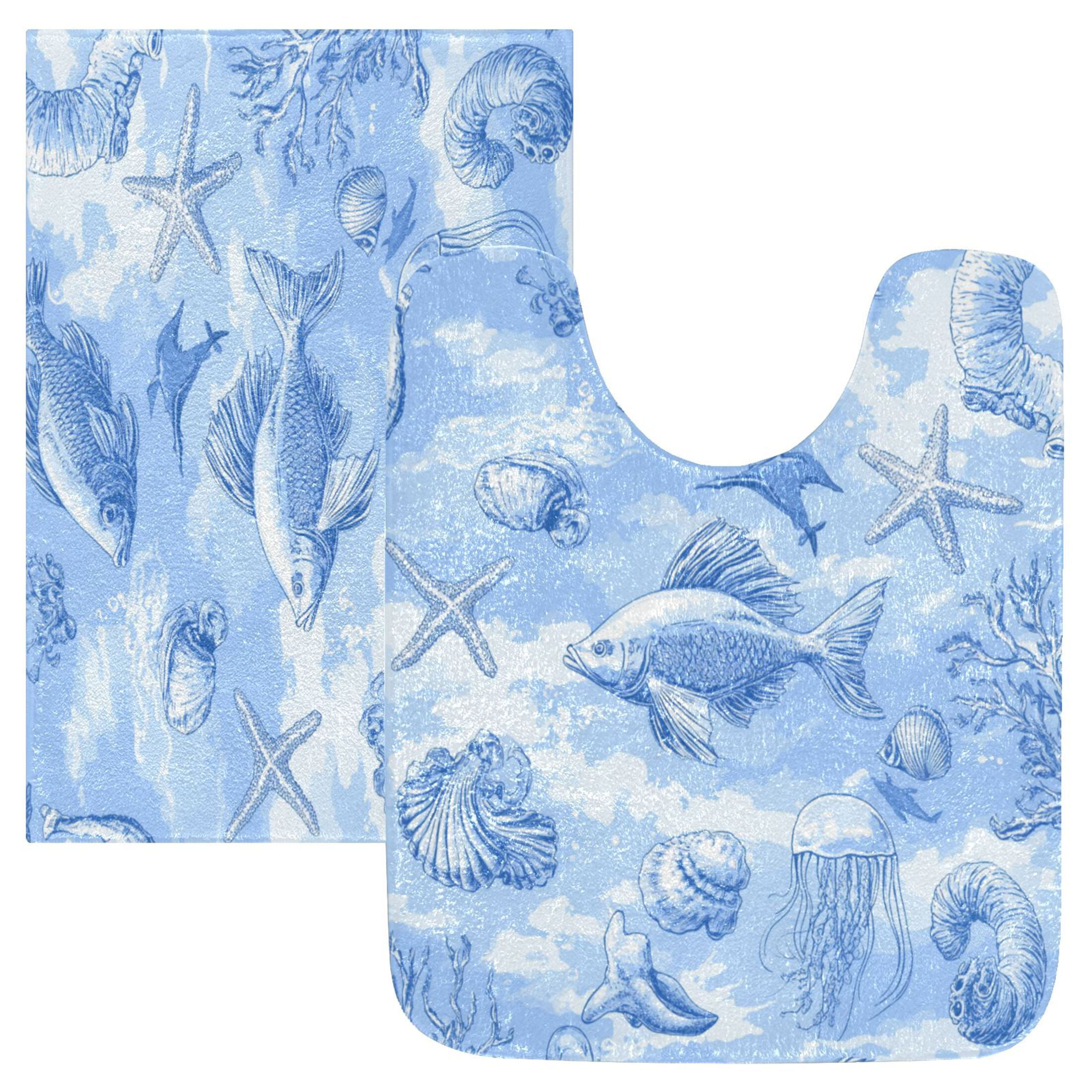 2 Piece Soft Bathroom Rug Set Blue Marine Life Bath Mat and U-Shaped ...