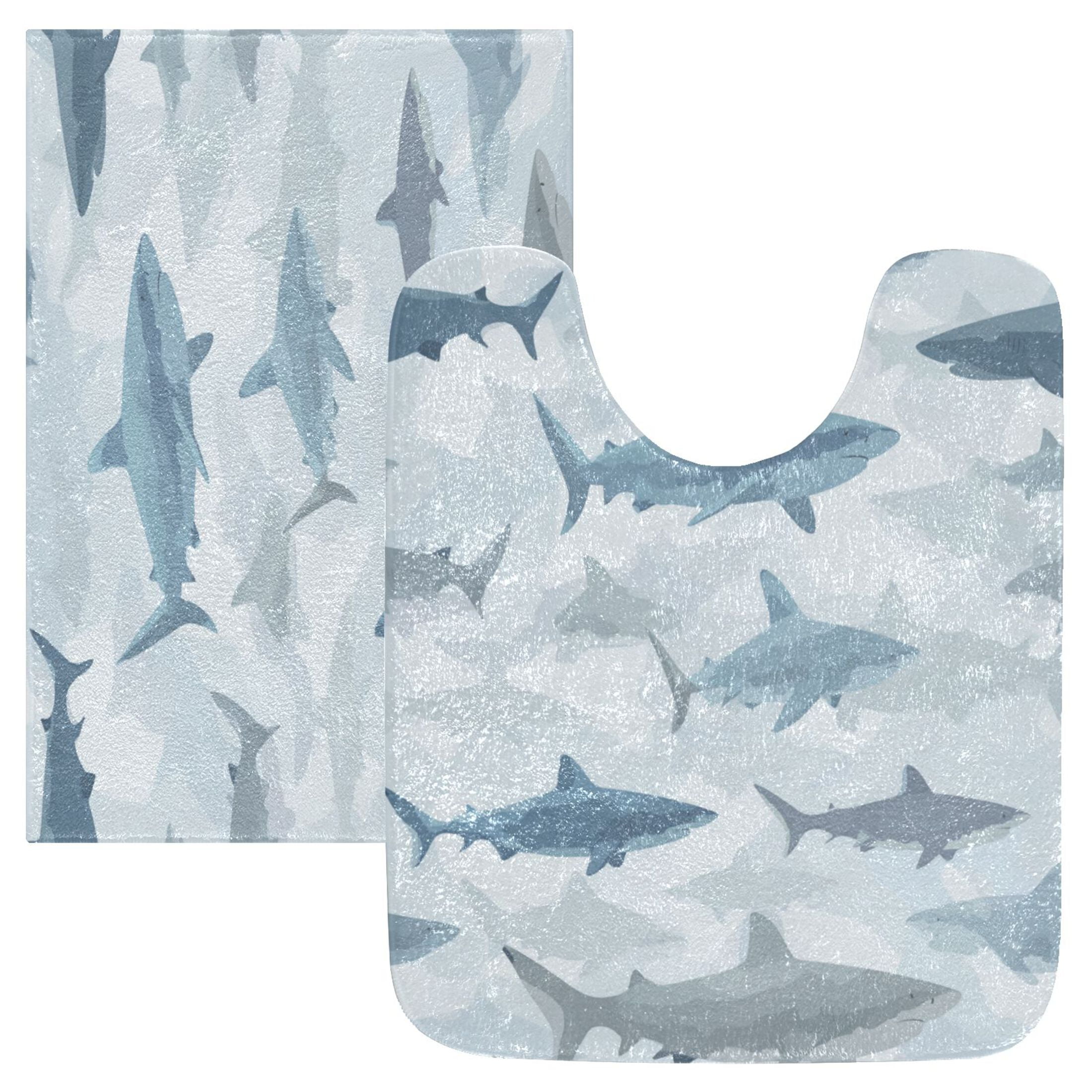 2 Piece Soft Bathroom Rug Set Blue and Gray Sharks Pattern Bath Mat and ...