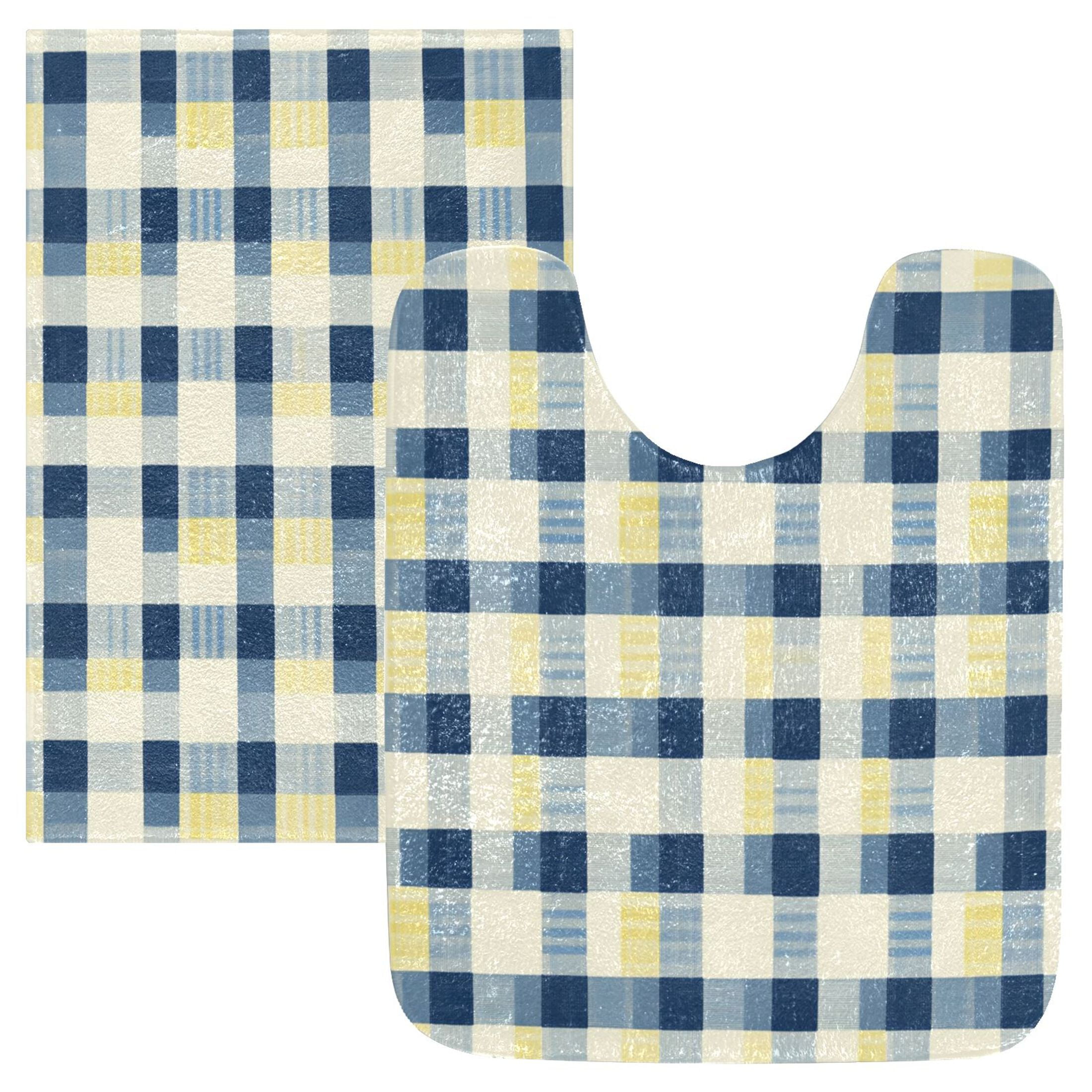 2 Piece Soft Bathroom Rug Set Blue and Yellow Gingham Bath Mat and U ...