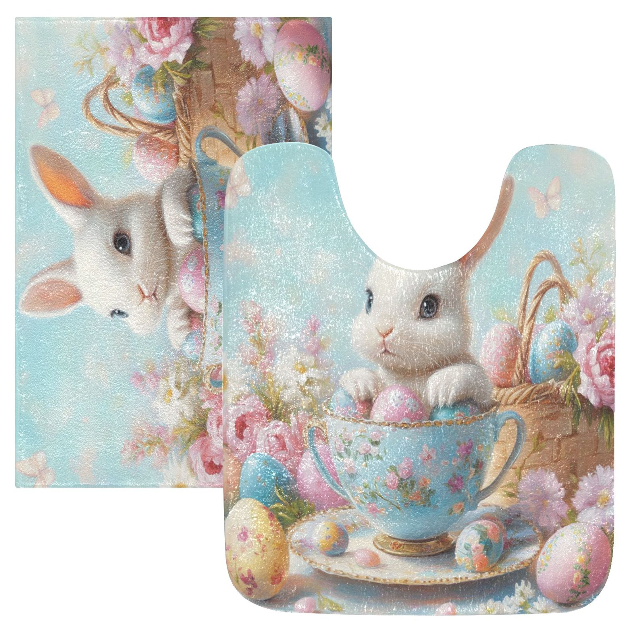 2 Piece Soft Bathroom Rug Set Bunny and Easter Teacup Bath Mat and U ...