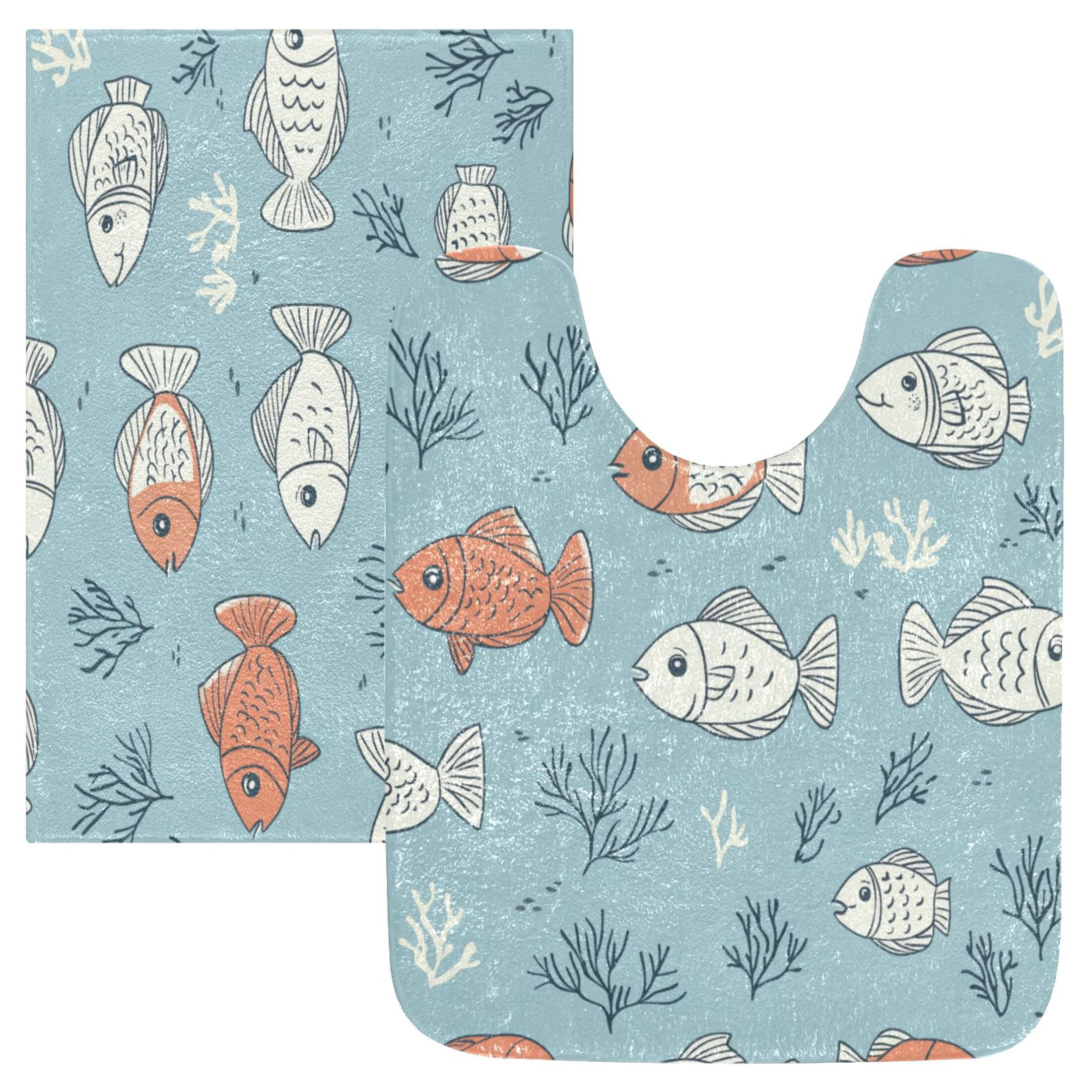 2 Piece Soft Bathroom Rug Set Cartoon Fish Bath Mat and U-Shaped Toilet ...