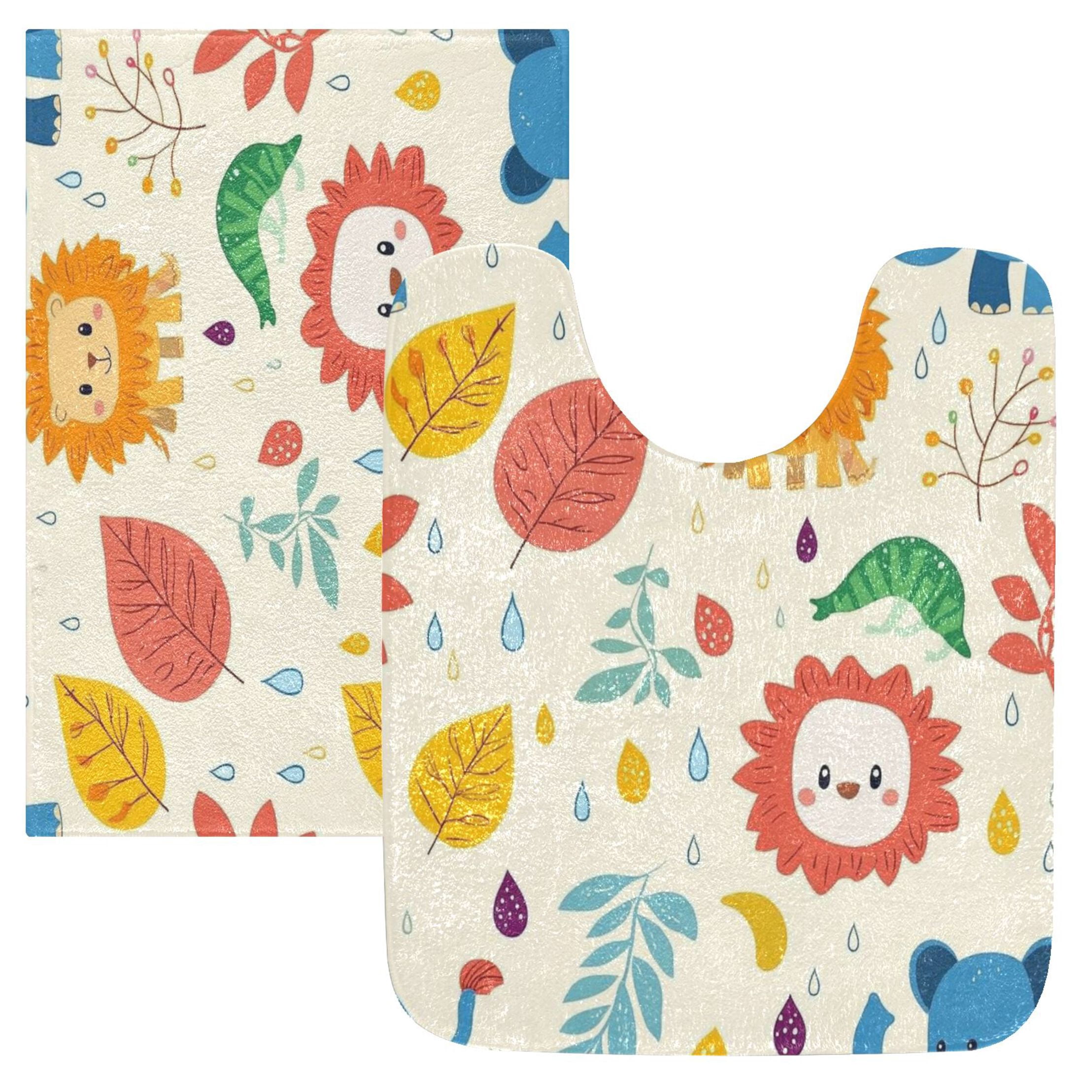 2 Piece Soft Bathroom Rug Set Cartoon Lion and Elephant Bath Mat and U ...