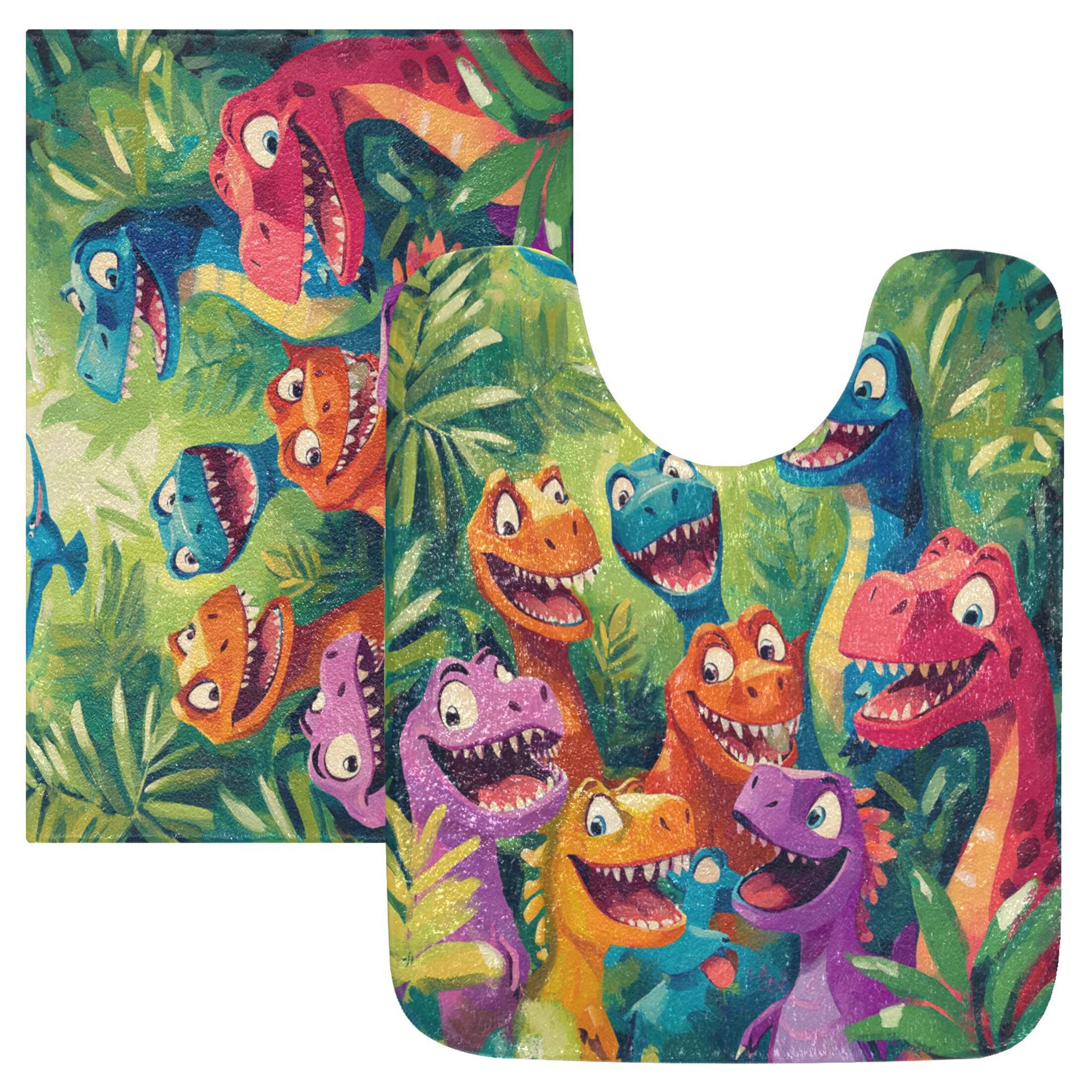 2 Piece Soft Bathroom Rug Set Colorful Cartoon Dinosaurs Bath Mat and U ...