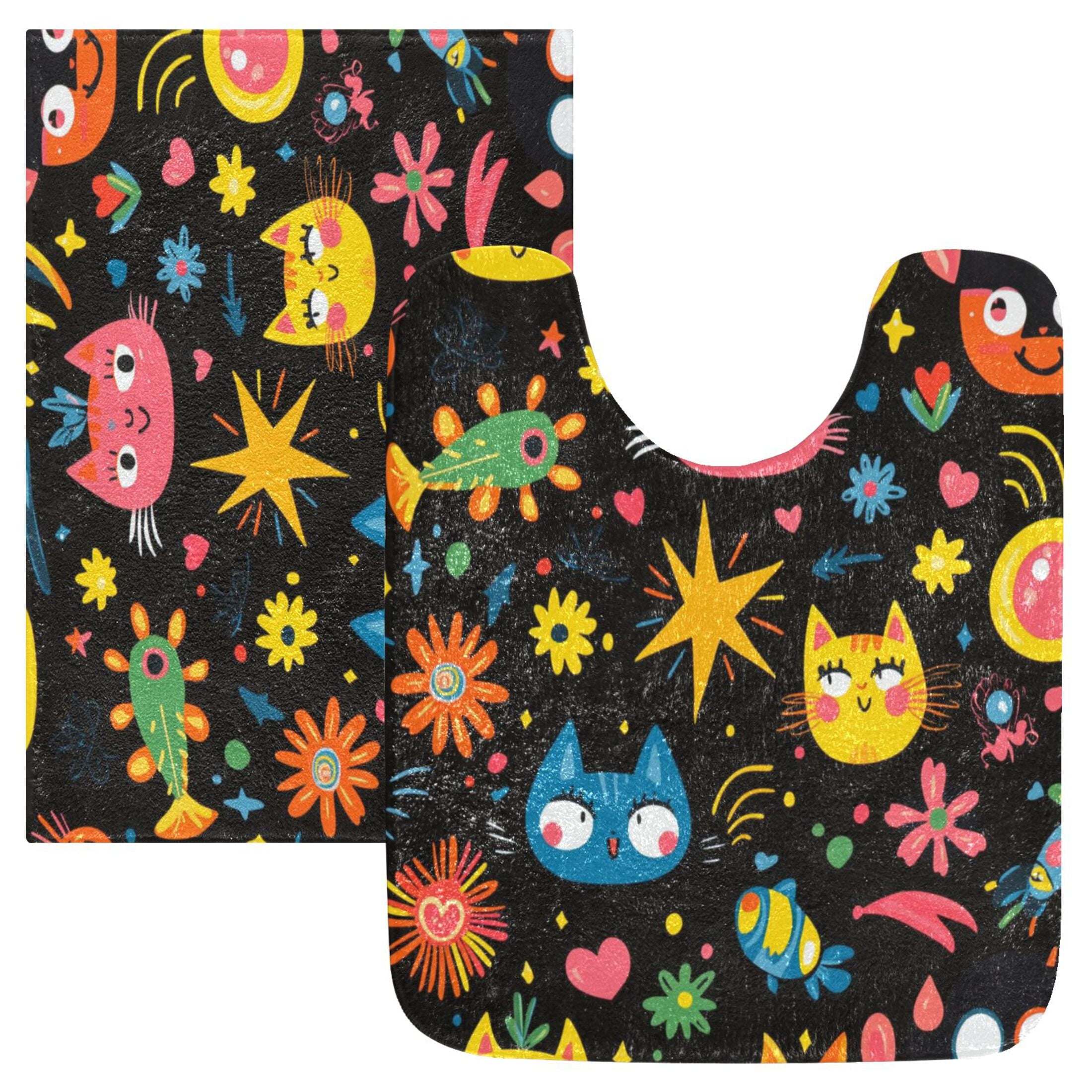 2 Piece Soft Bathroom Rug Set Colorful Cartoon Patterns Bath Mat and U ...