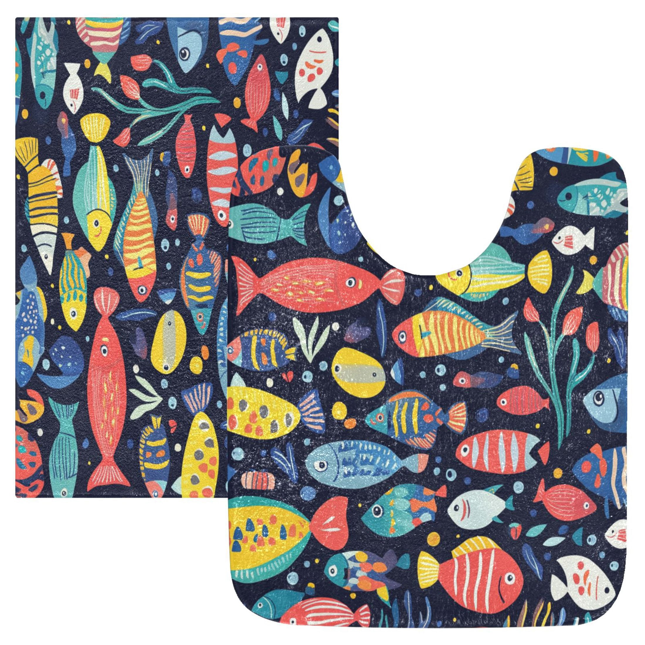 2 Piece Soft Bathroom Rug Set Colorful Fish Swimming Bath Mat and U ...