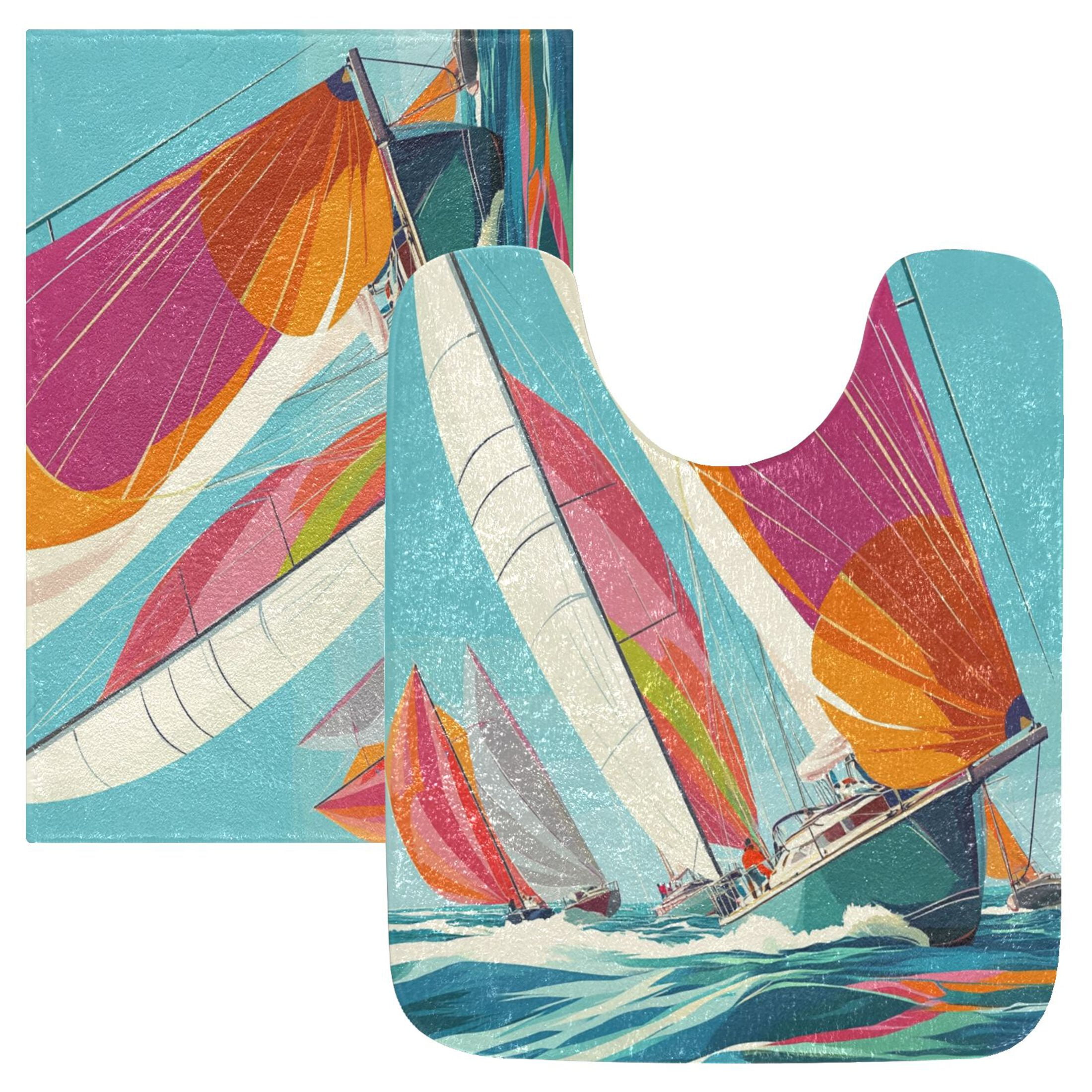 2 Piece Soft Bathroom Rug Set Colorful Sailboat Bath Mat and U-Shaped ...