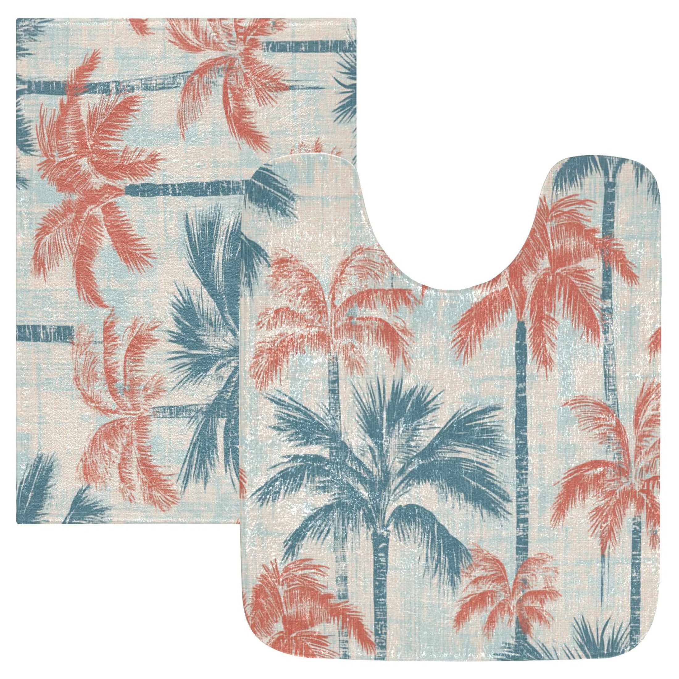 2 Piece Soft Bathroom Rug Set Coral Palm Trees Bath Mat and U-Shaped ...