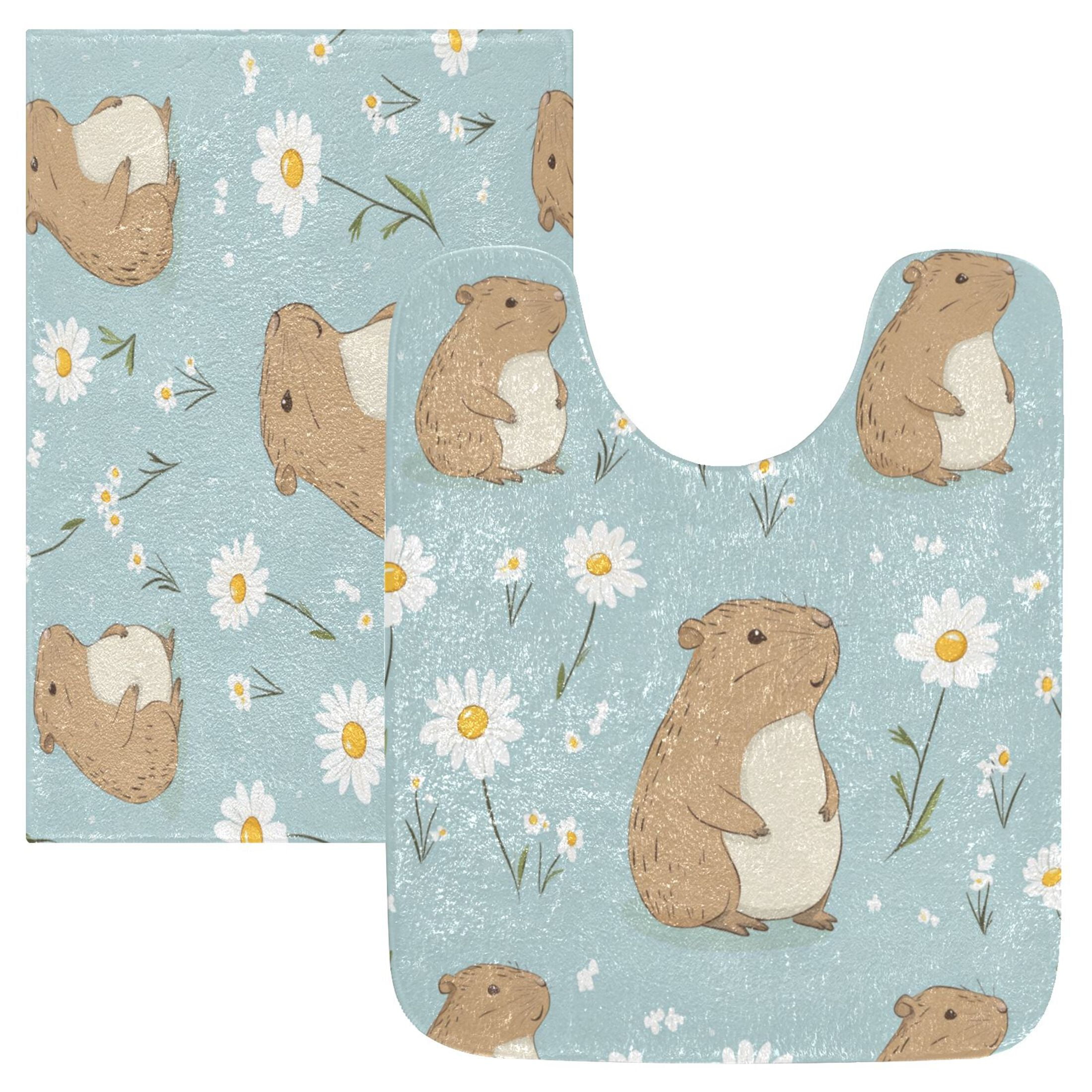 2 Piece Soft Bathroom Rug Set Cute Capybara and Daisies Bath Mat and U ...