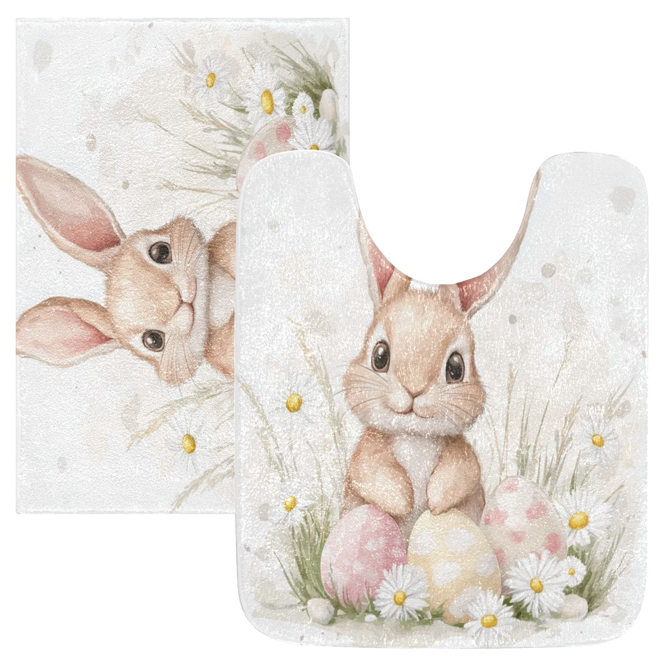2 Piece Soft Bathroom Rug Set Cute Easter Bunny Bath Mat and U-Shaped ...