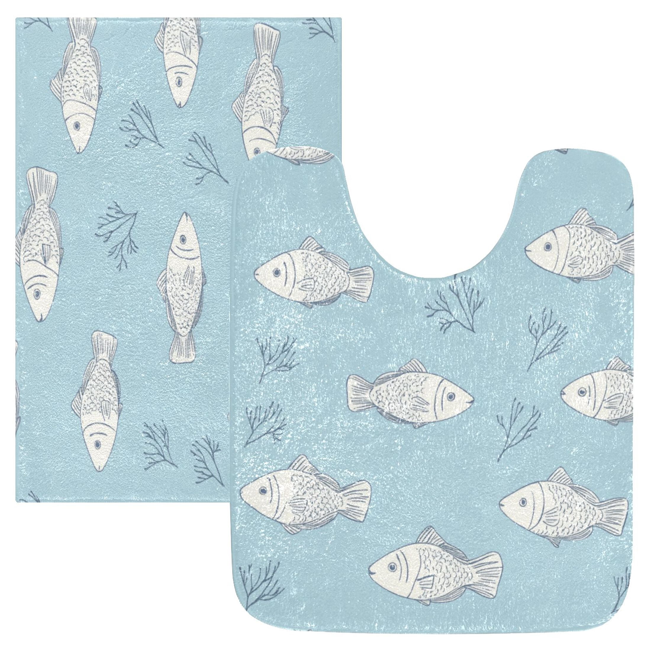 2 Piece Soft Bathroom Rug Set Cute Fish Pattern Bath Mat and U-Shaped ...