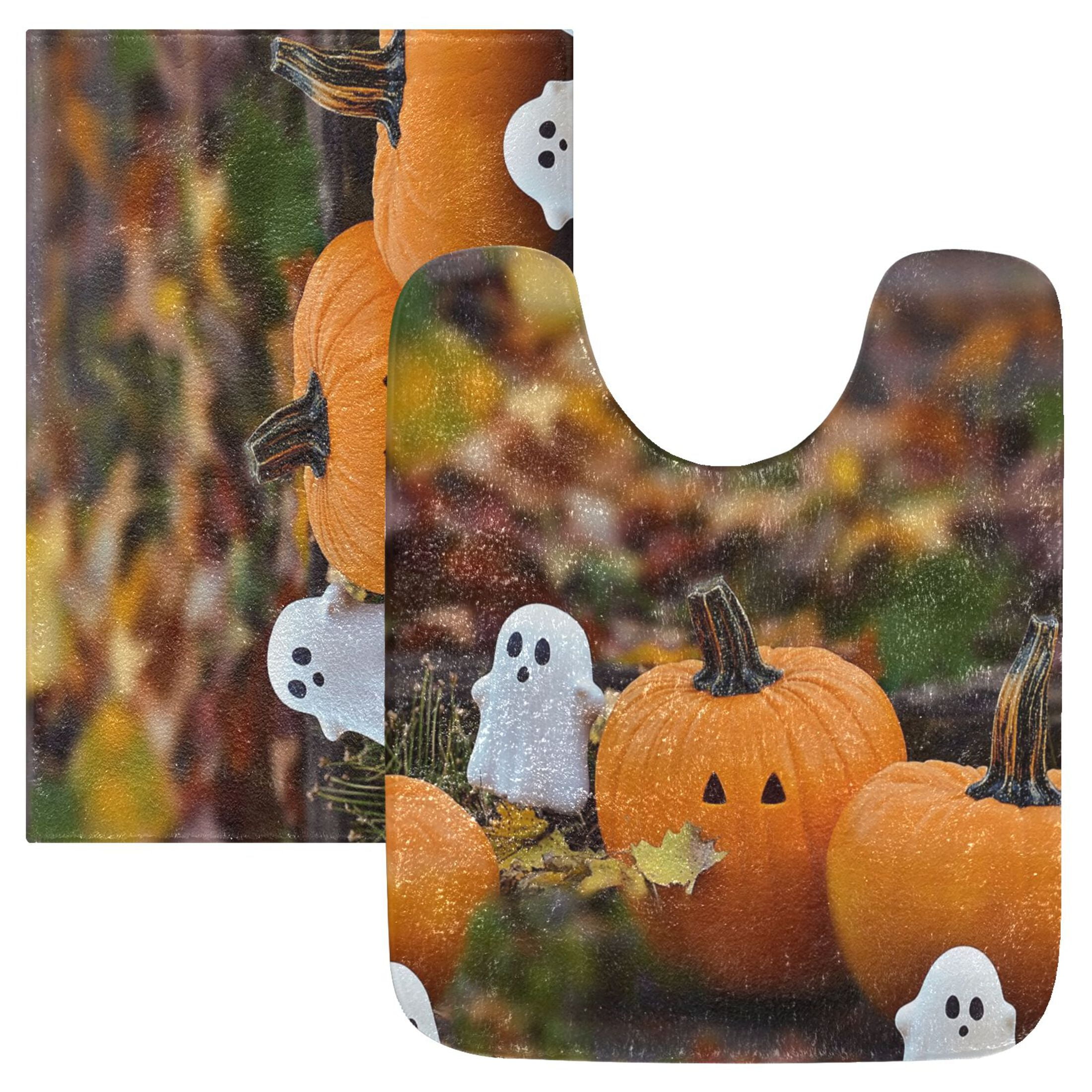 2 Piece Soft Bathroom Rug Set Cute Little Ghost and Pumpkin Bath Mat and U-Shaped Toilet Contour ...