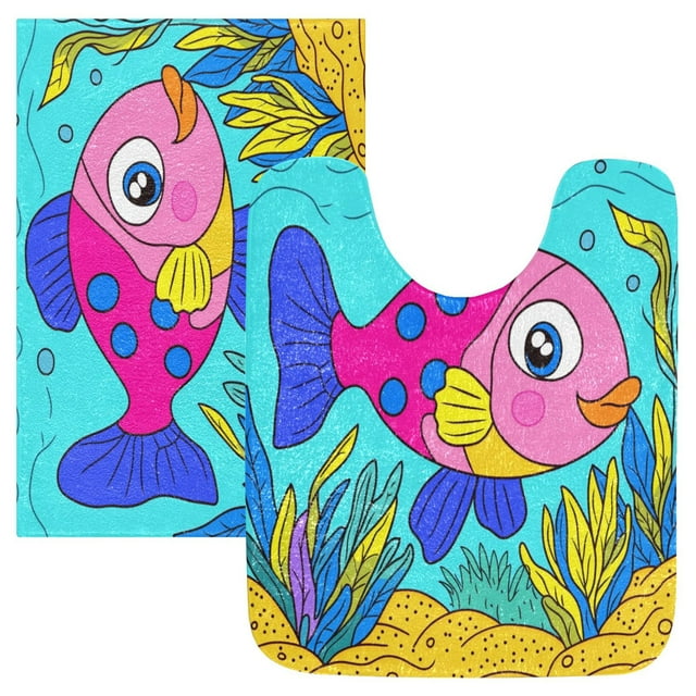 2 Piece Soft Bathroom Rug Set Cute Pink Fish Bath Mat and U-Shaped ...