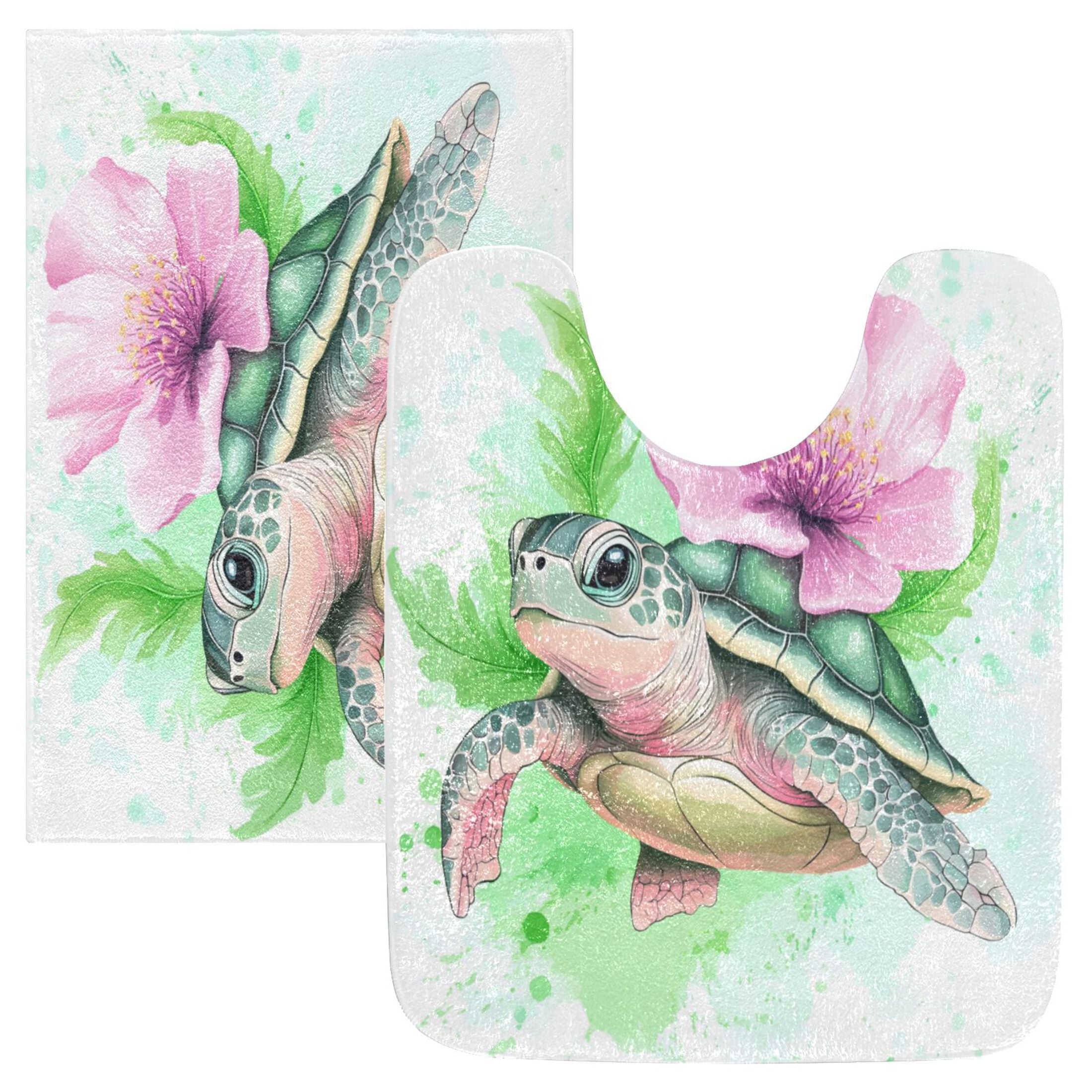 2 Piece Soft Bathroom Rug Set Cute Turtle Bath Mat and U-Shaped Toilet ...