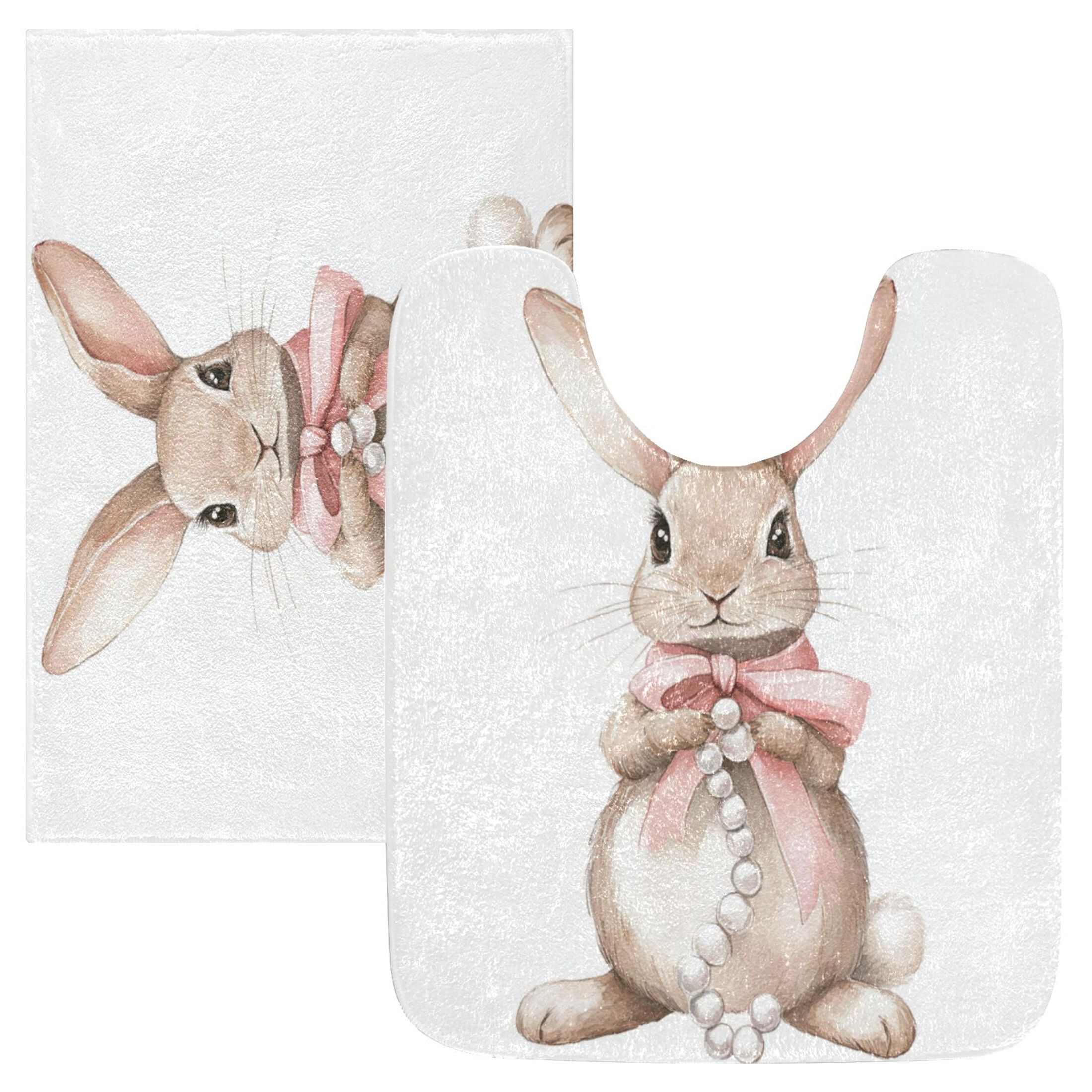 2 Piece Soft Bathroom Rug Set Cute Watercolor Easter Bunny Bath Mat and ...