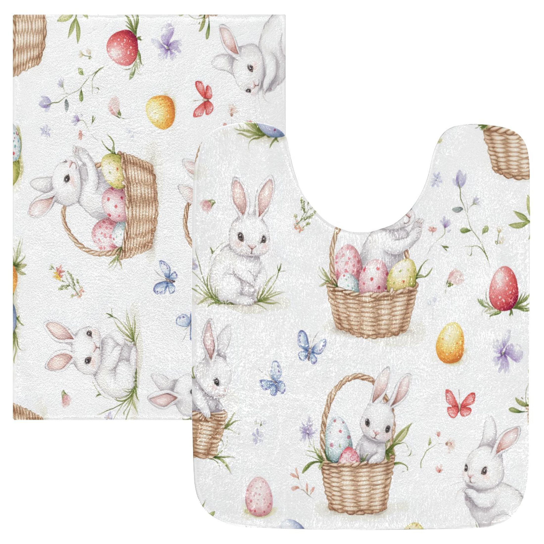 2 Piece Soft Bathroom Rug Set Easter Bunnies and Baskets Bath Mat and U ...