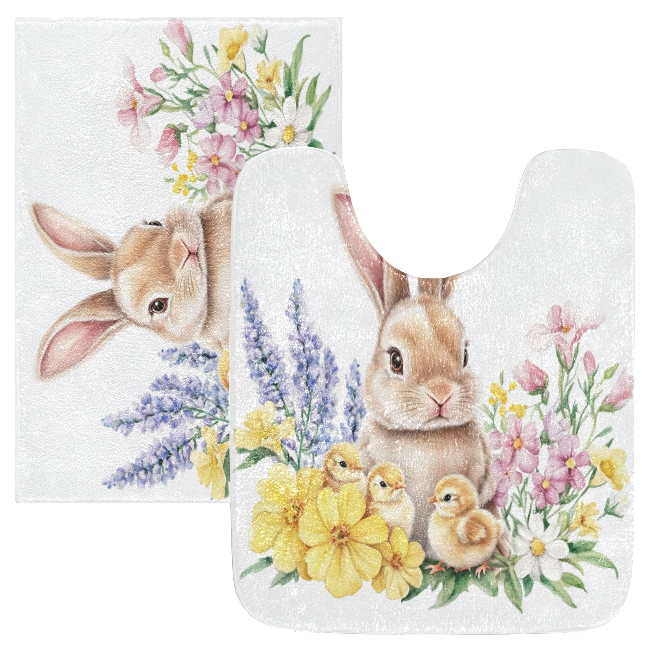 2 Piece Soft Bathroom Rug Set Easter Bunny and Chicks Bath Mat and U ...