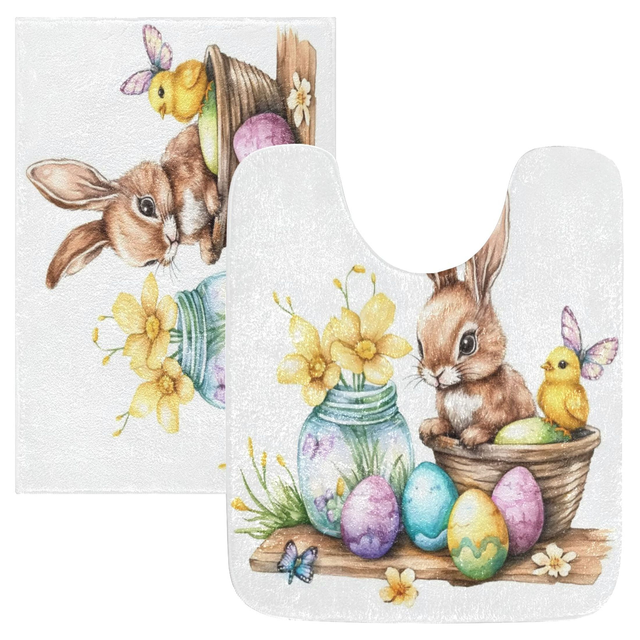 2 Piece Soft Bathroom Rug Set Easter Bunny with Chick Bath Mat and U ...