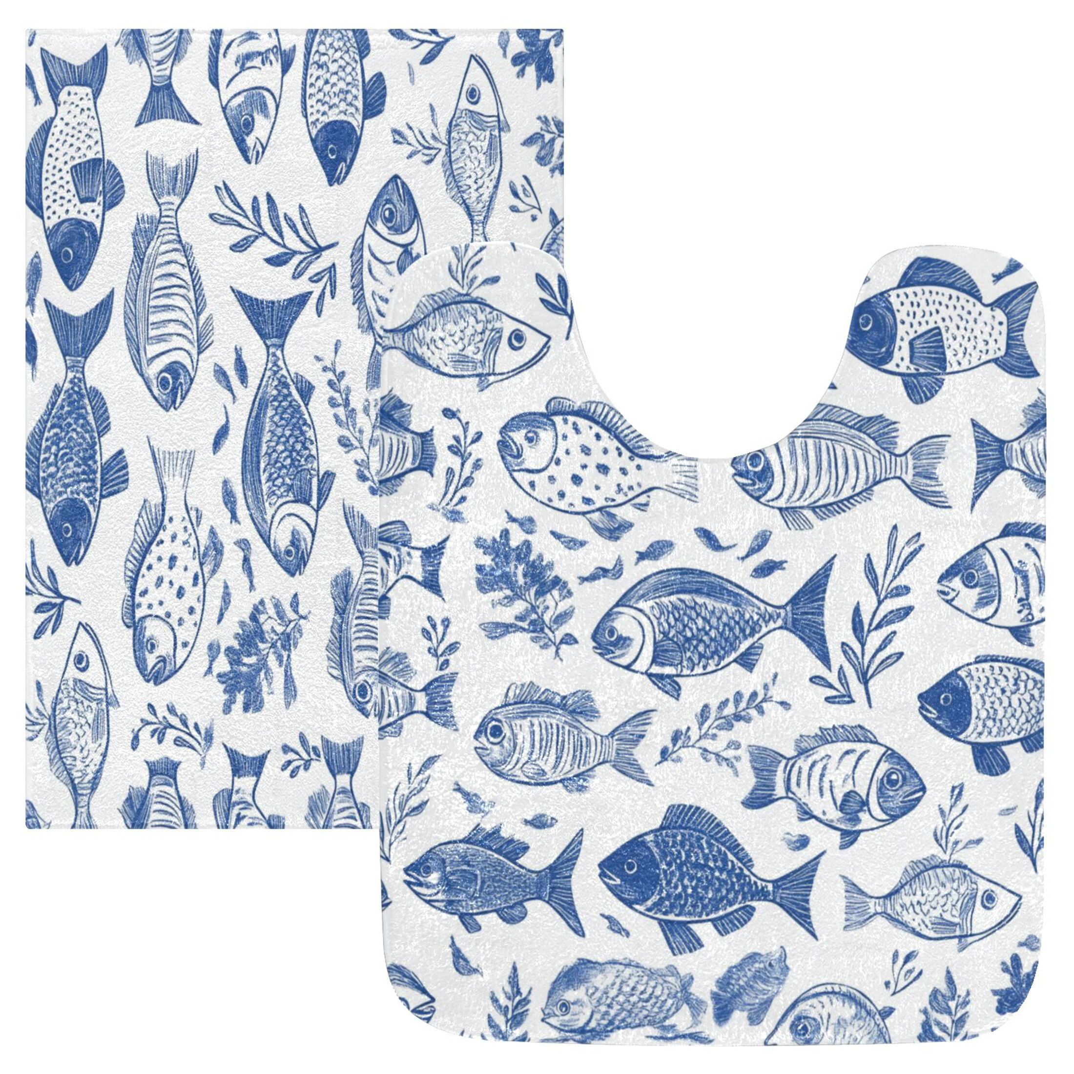2 Piece Soft Bathroom Rug Set Hand-drawn Fish Bath Mat and U-Shaped ...