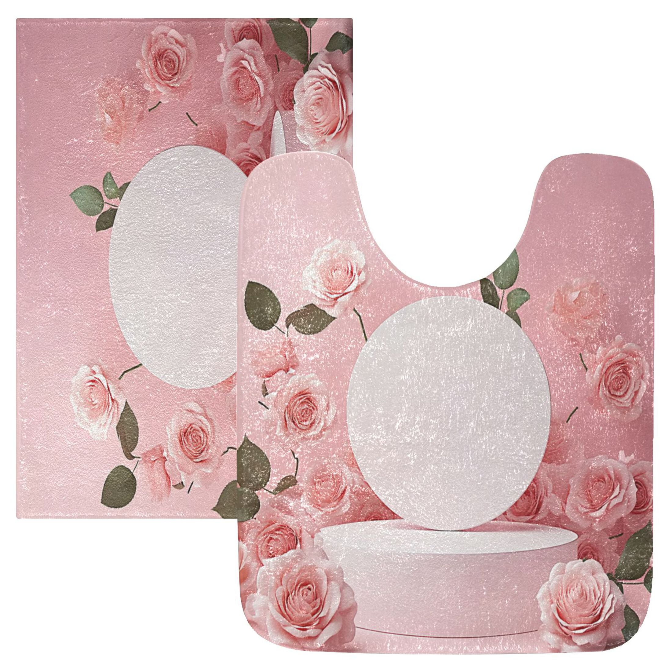 2 Piece Soft Bathroom Rug Set Light Pink Roses Bath Mat and U-Shaped ...
