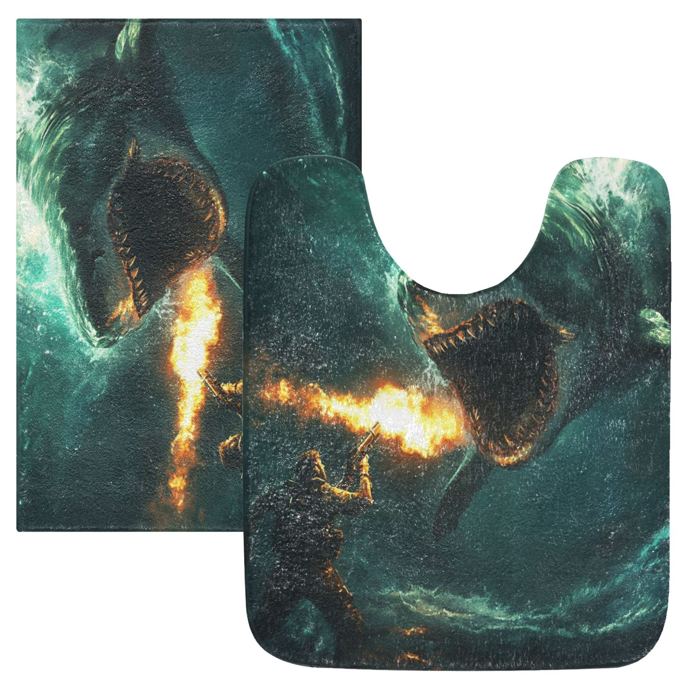 2 Piece Soft Bathroom Rug Set Man Fighting Shark Bath Mat and U-Shaped ...