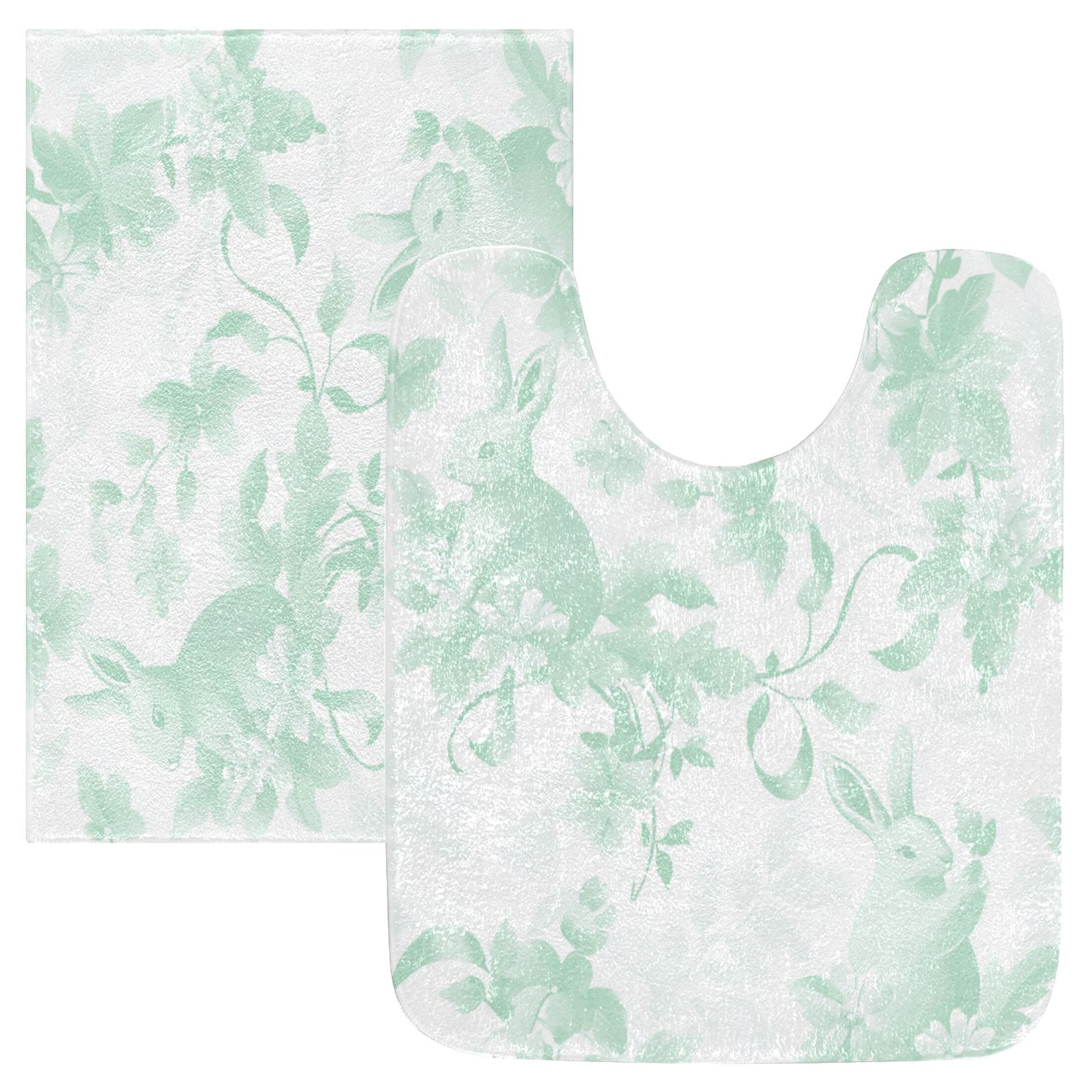 2 Piece Soft Bathroom Rug Set Mint Green Rabbits Bath Mat and U-Shaped ...