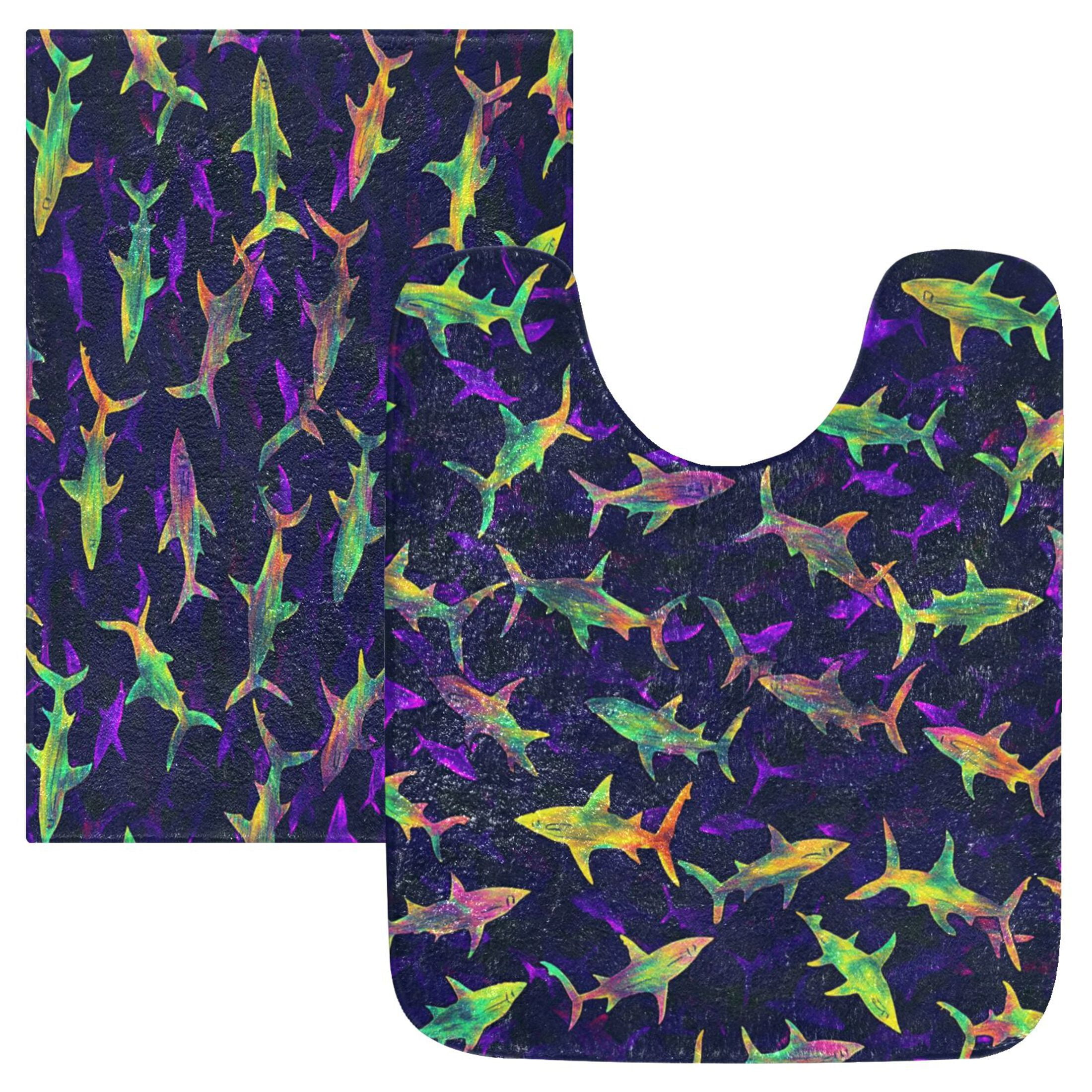 2 Piece Soft Bathroom Rug Set Neon Colors Sharks Bath Mat and U-Shaped ...