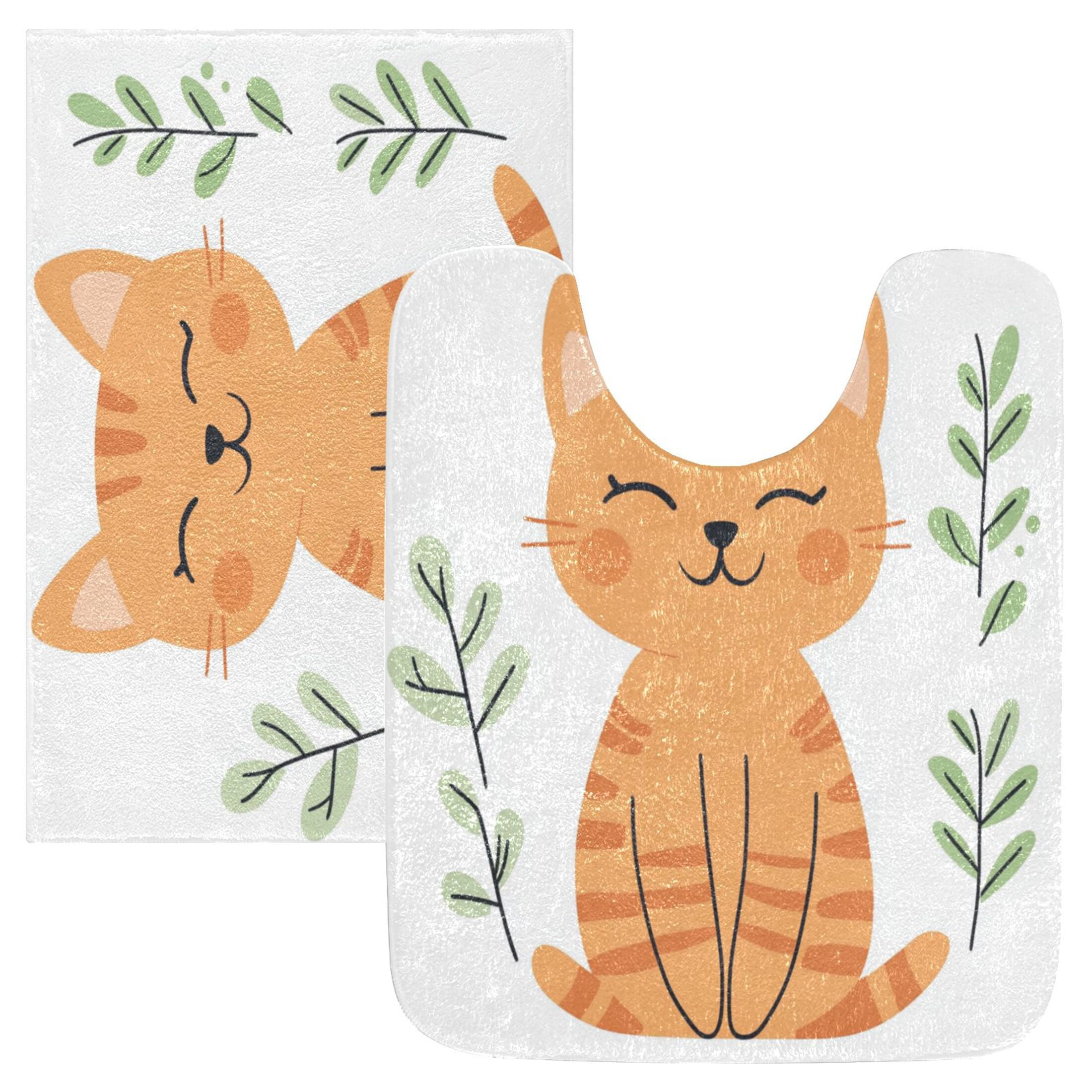2 Piece Soft Bathroom Rug Set Orange Tabby Cat Bath Mat and U-Shaped ...