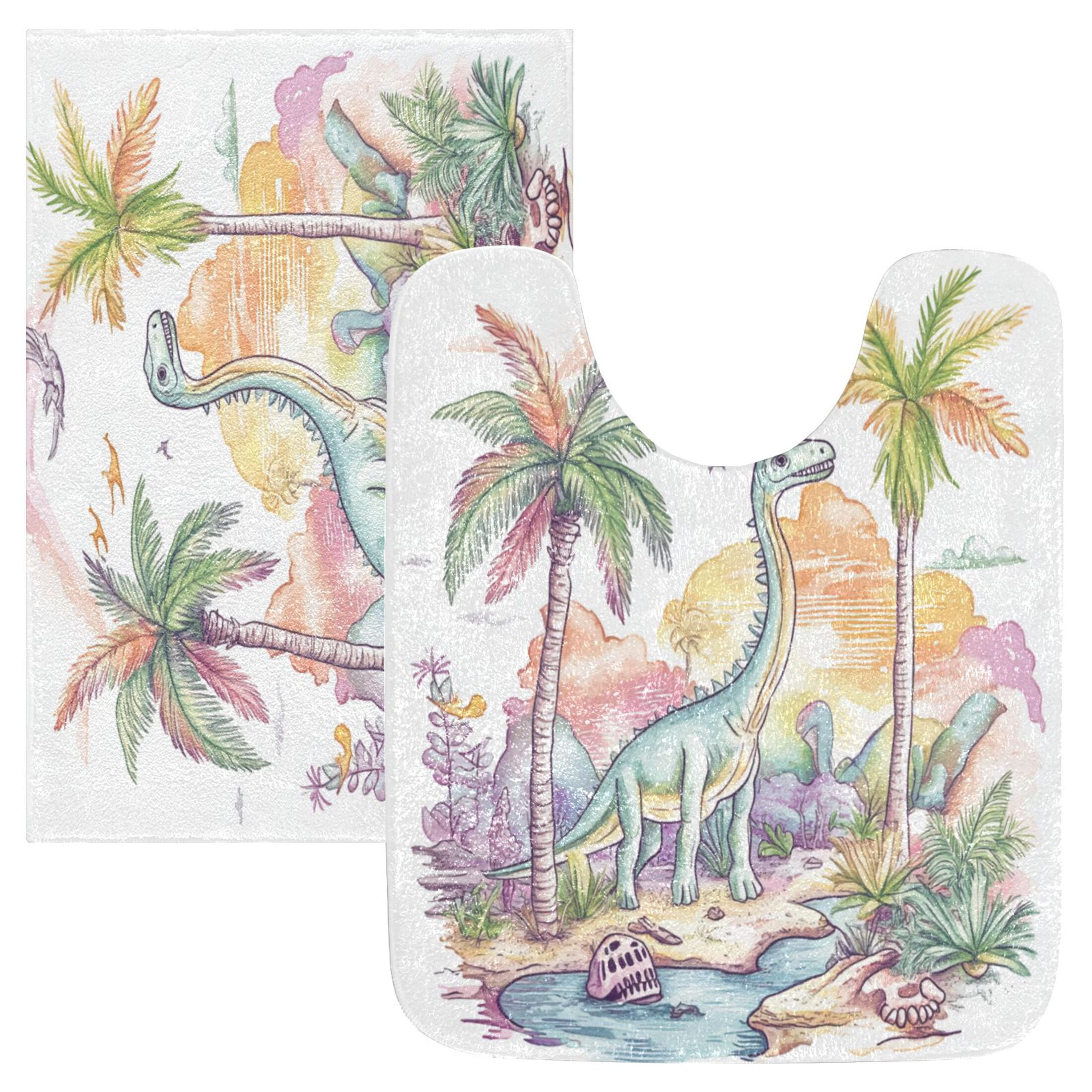 2 Piece Soft Bathroom Rug Set Pastel Dinosaurs Bath Mat and U-Shaped ...