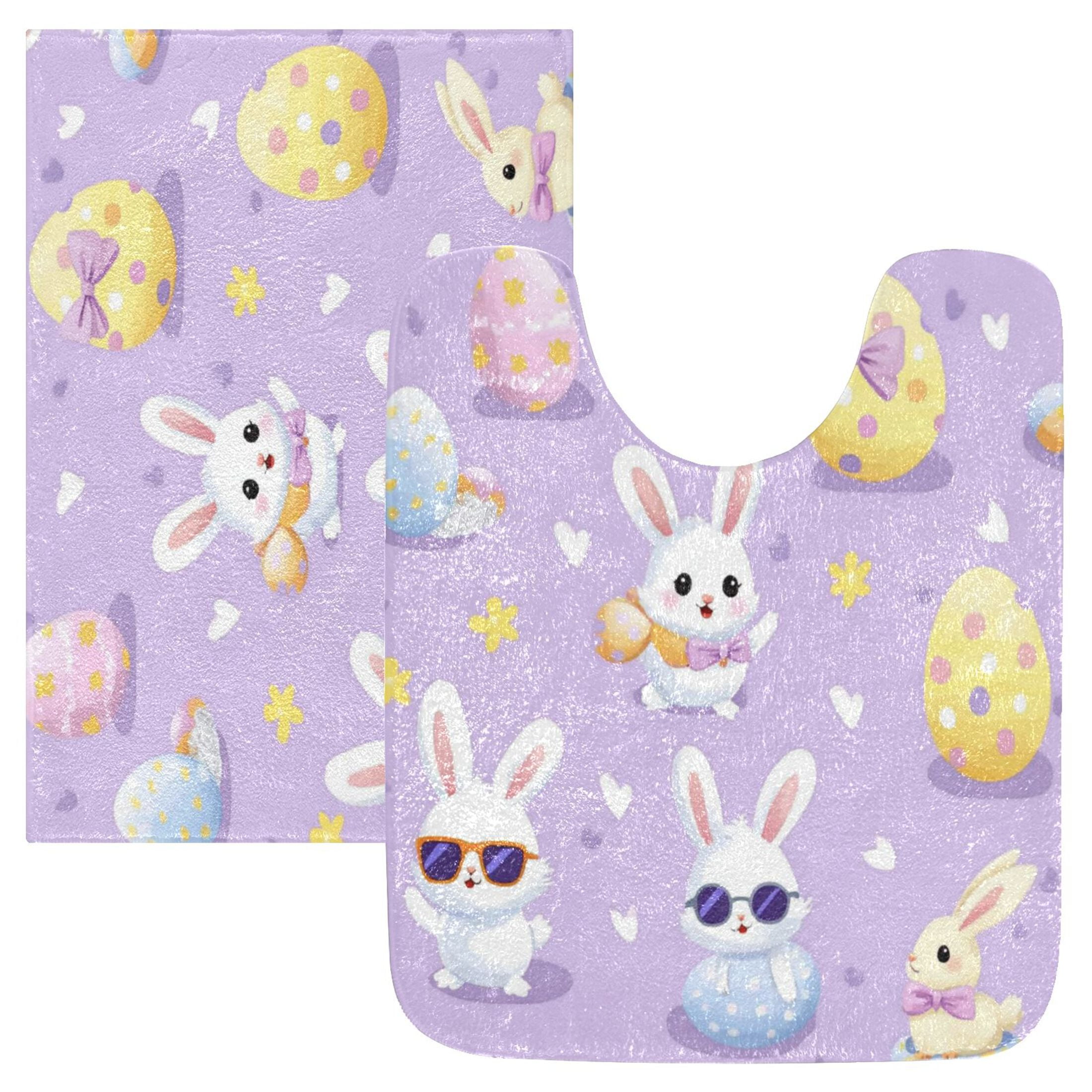 2 Piece Soft Bathroom Rug Set Pastel Purple Easter Bunnies Bath Mat and ...